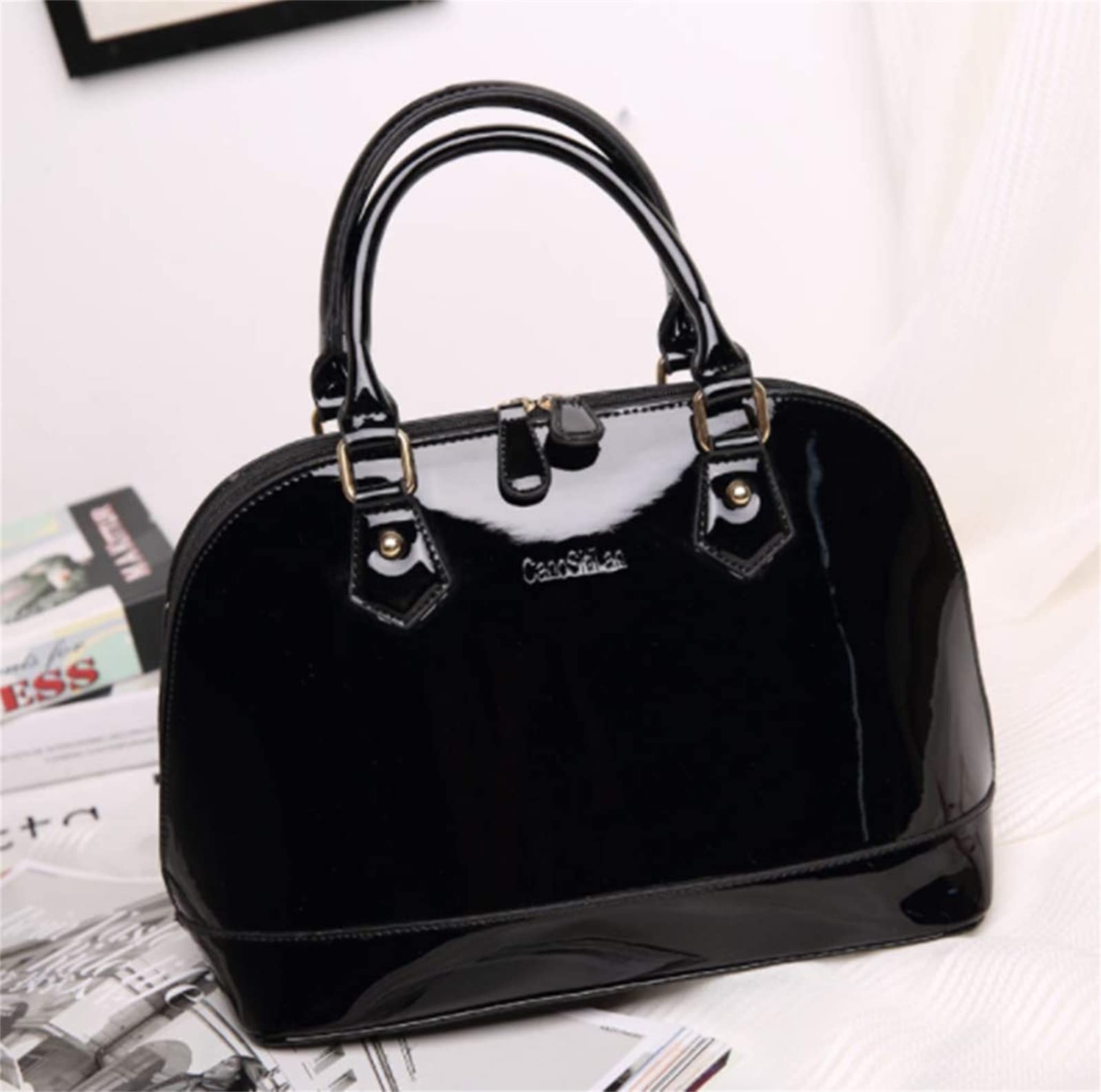 Womens Patent Leather Zip-Around Classic Dome Satchel Top-Handle Handbags Purses Shell Bag Black
