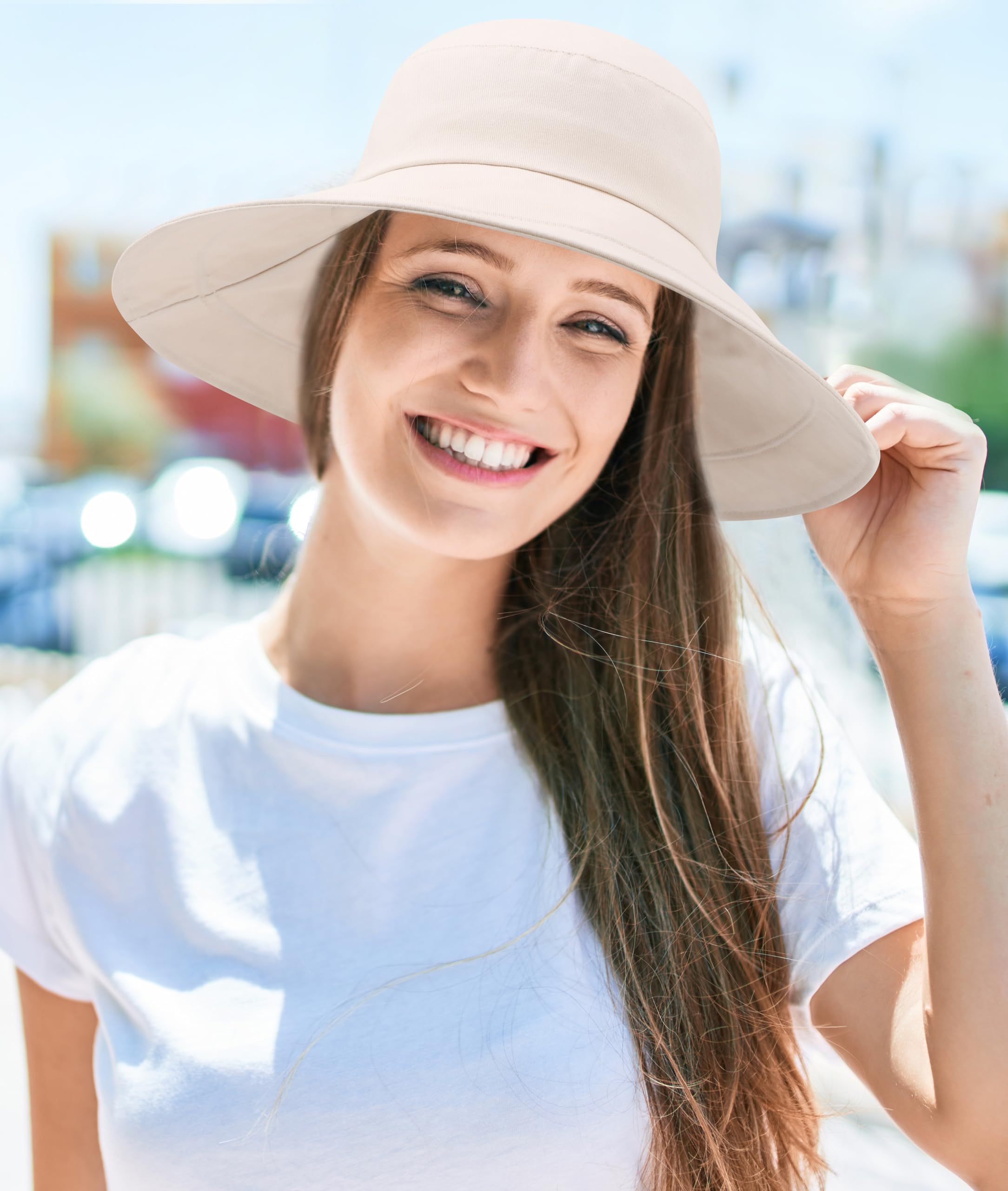 Women Bucket Hat Summer Beach Sun Hats for Women UPF Woman Foldable Floppy Travel Packable UV Hat Cotton Wide Brim Hat (A-Beige)