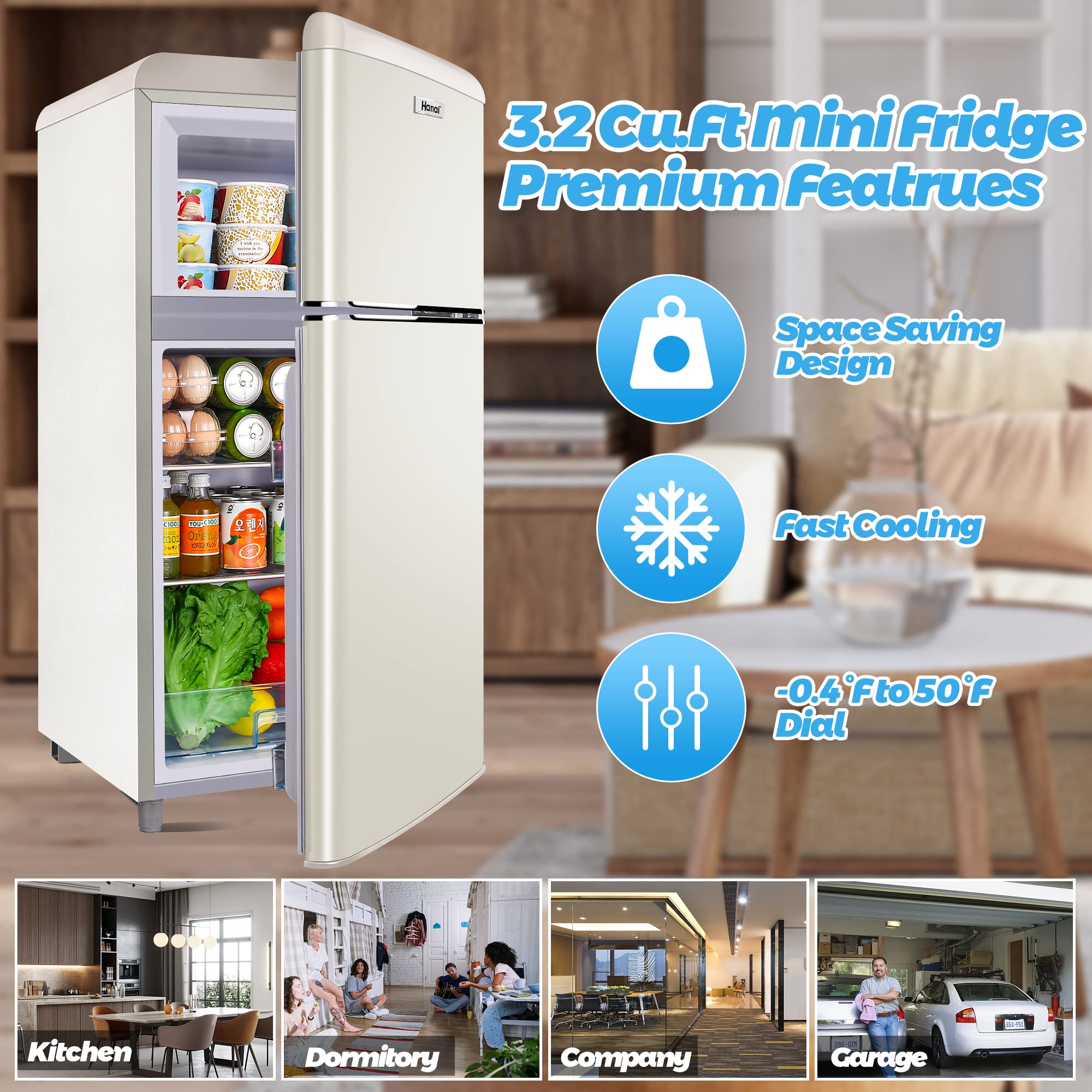WANAI 3.2 Cu.Ft Mini Fridge With Freezer Compact Refrigerator with Freezer,7 Level Adjustable Thermostat Removable Shelves Small Refrigerator for Office Dorm Apartment Cream