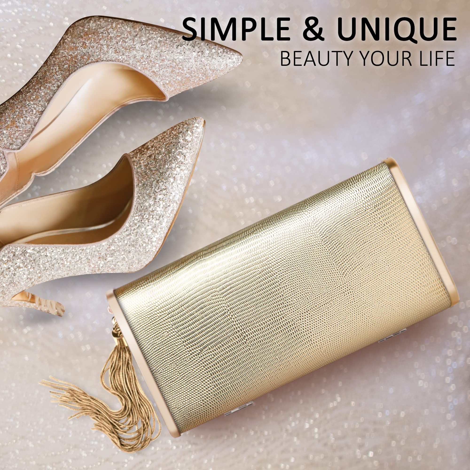 Women Gold Clutch Purse Small Box Sparkly Evening Bag in Hardcase with Metallic Tassel for Party Wedding with Gift Packing