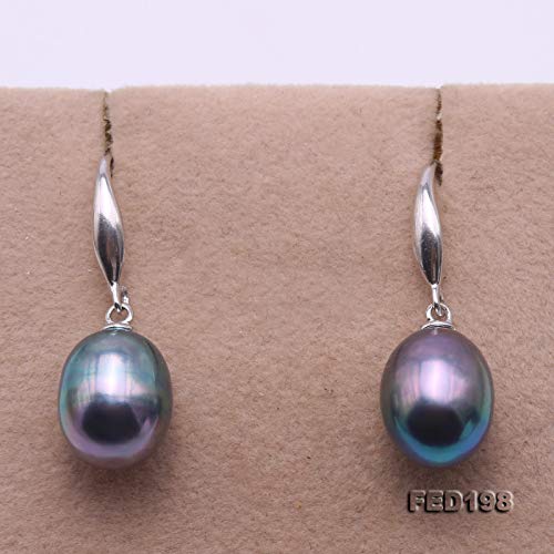 Womens Pearl Sterling Silver Dangle Earrings AAA Quality 9x11.5mm Oval Black Freshwater Pearl Fishhook Earrings