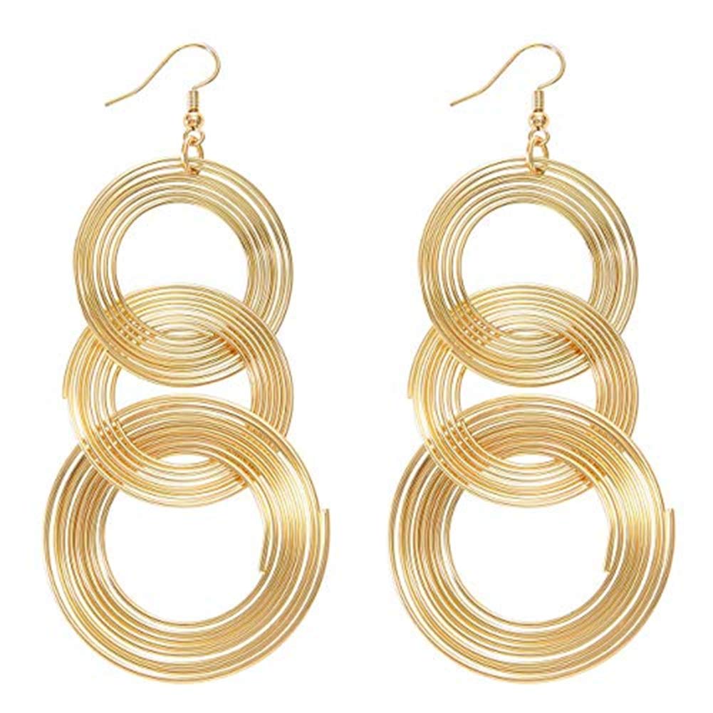 Women Gold Plated Long 70s Disco Earrings hoop round 3 circles Multi-layer drop big alloy geometric party wear Earring (disco earrings Gold)