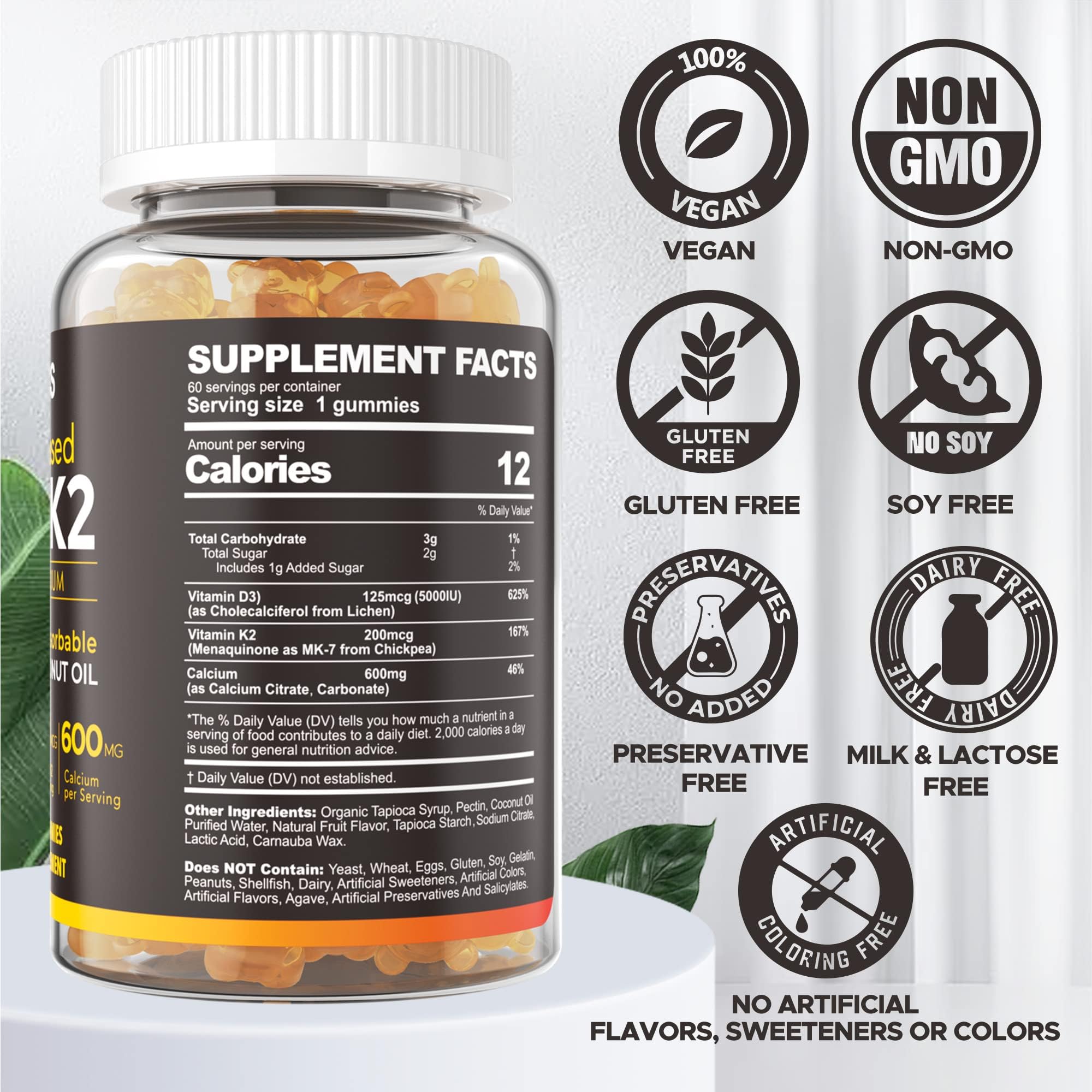 Vitamin D3 5000iu & K2( as MK7 ) 200mcg Gummies + 600mg Calcium, with Coconut Oil for High Absorption, Maximum Strength Vitamin D3 K2 Supplement - Support for Bones Muscle Teeth Immune, Vegan 2Packs