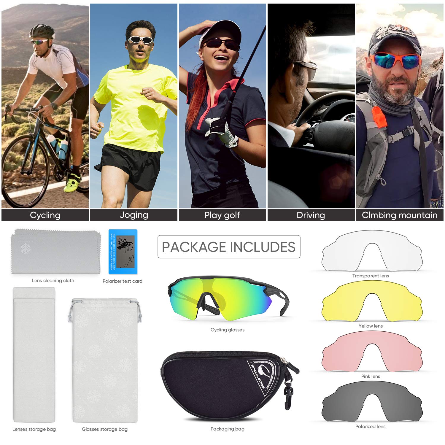 Snowledge Cycling Glasses with 5 Interchangeable Lenses, Mens Womens Polarized Sports Sunglasses, Running Baseball Cricket Sunglasses