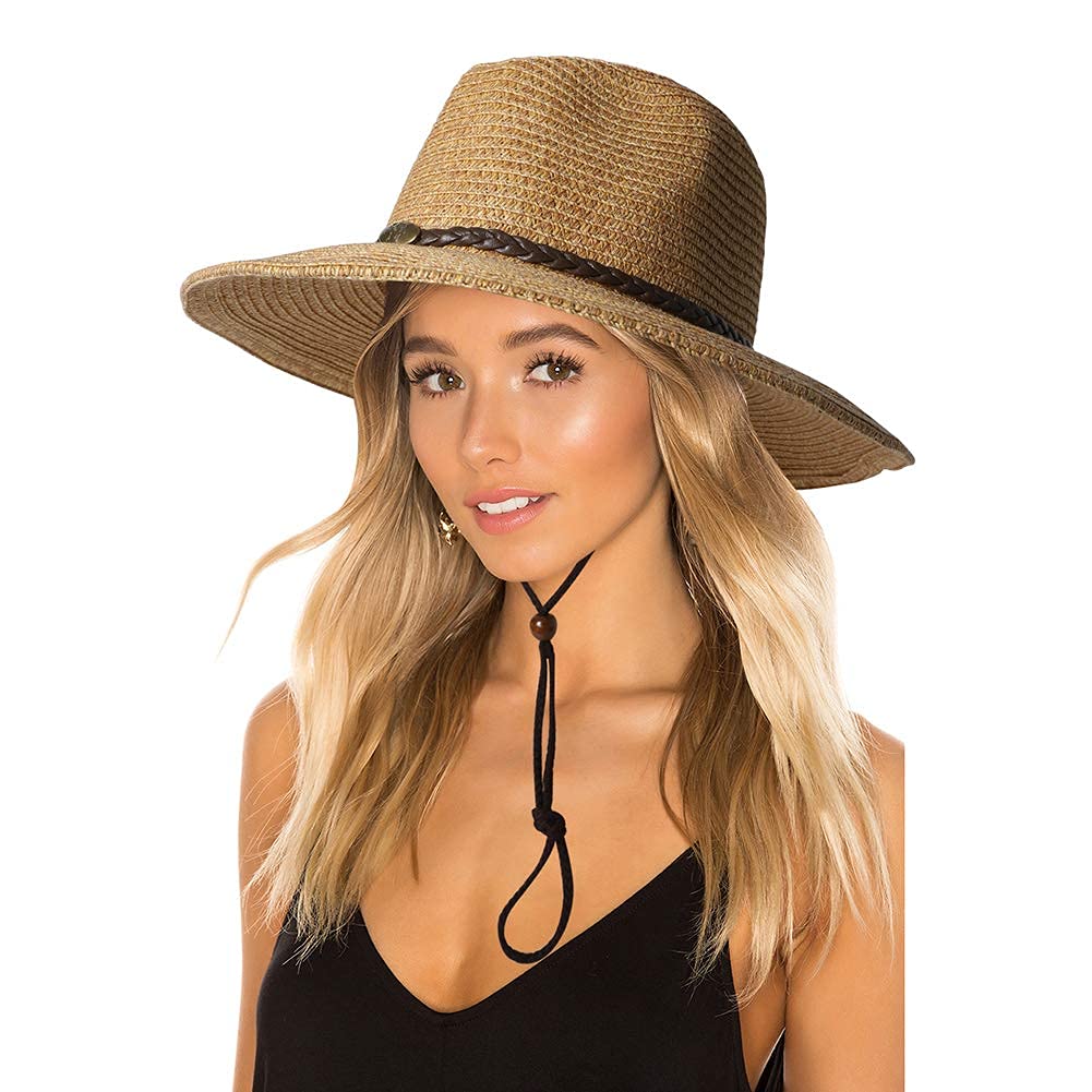 Womens Straw Sun Hat Classic Flat Beach Hat Mens Garden Hat Cowboy Style Hat with Wind Lanyard UPF 50+ Summer Hat Khaki