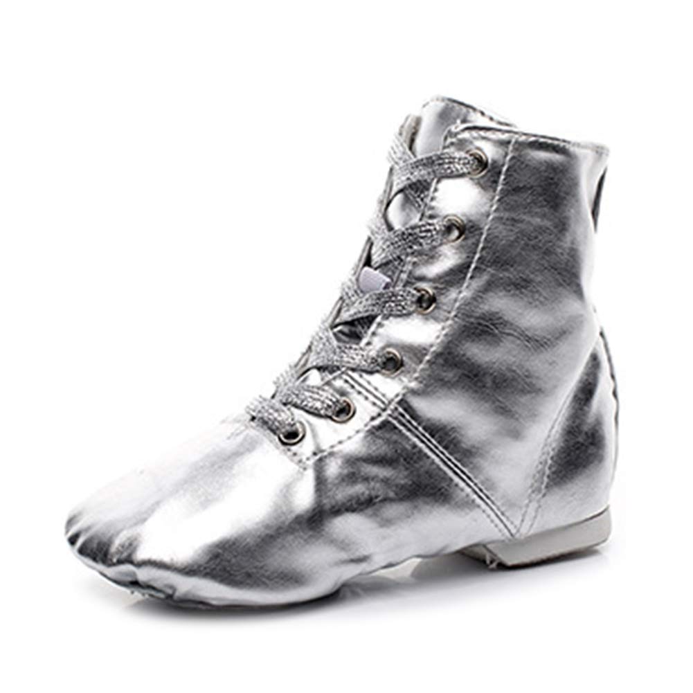 TINRYMX Jazz Shoes PU Leather Lace-up Elastic Slip On Split Sole Jazz Shoe for Women&Men Dance Shoes,GBPU-Silver-Suede Sole,7 US