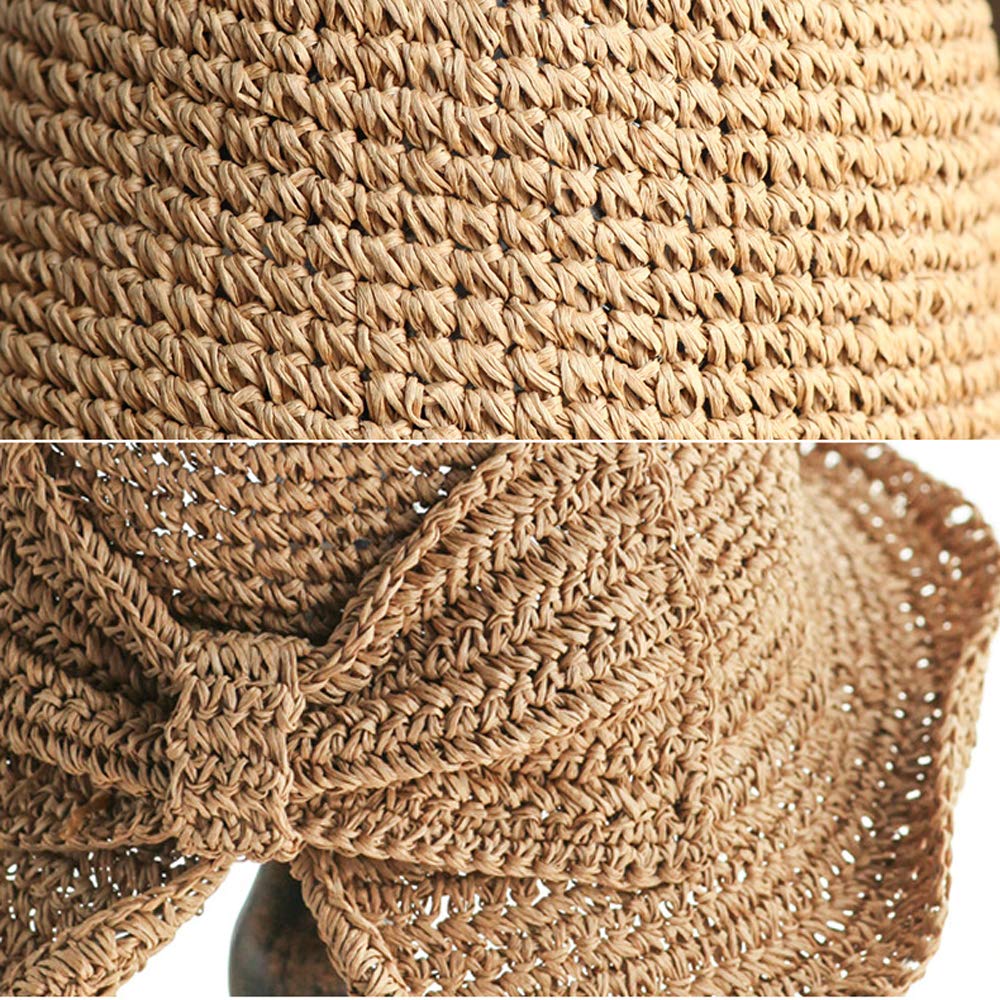 Womens Summer Sun Beach Straw Hat UPF50 Travel Foldable Wide Brim Summer UV Hat with Big Bow (Coffee)