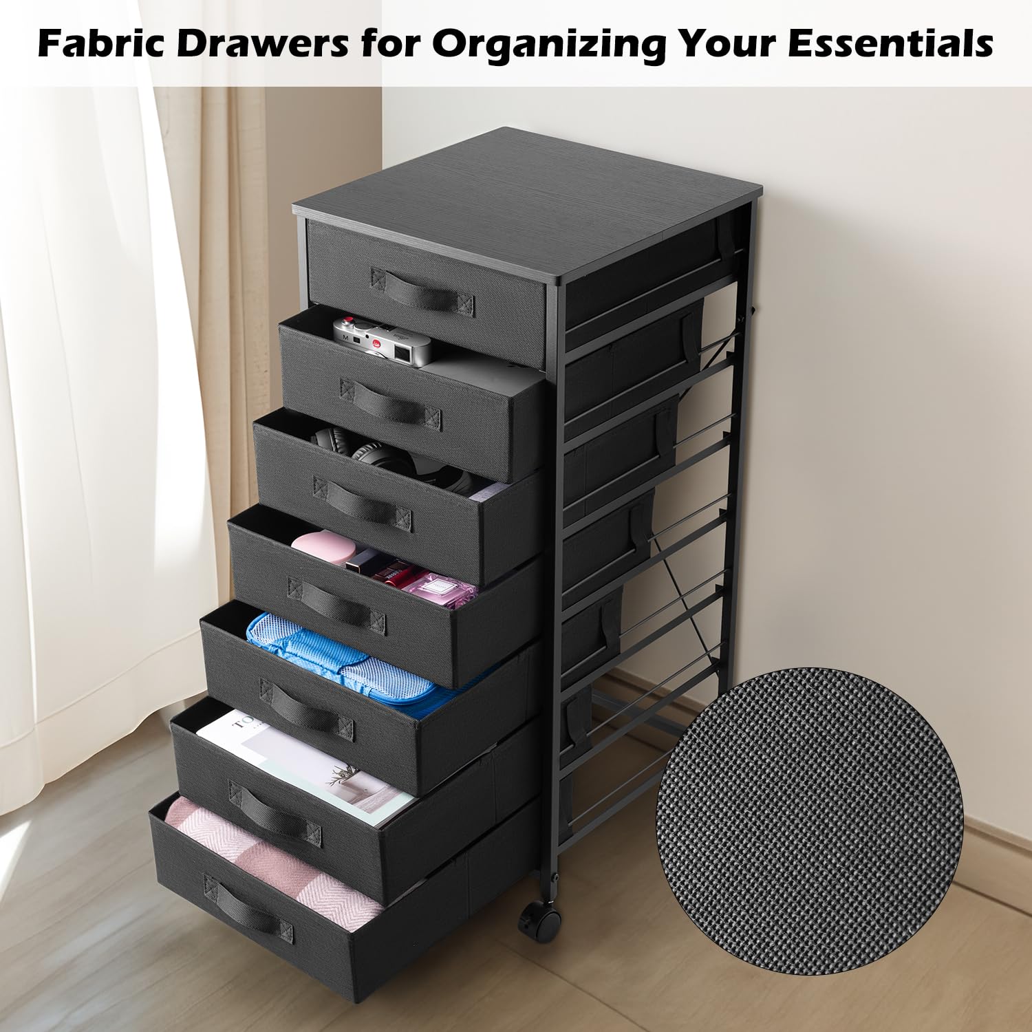 TOPSKY Mobile Cabinet, Fabric Storage Tower with Anti-Drop Drawers for Home Office (Black, 7 Drawers)