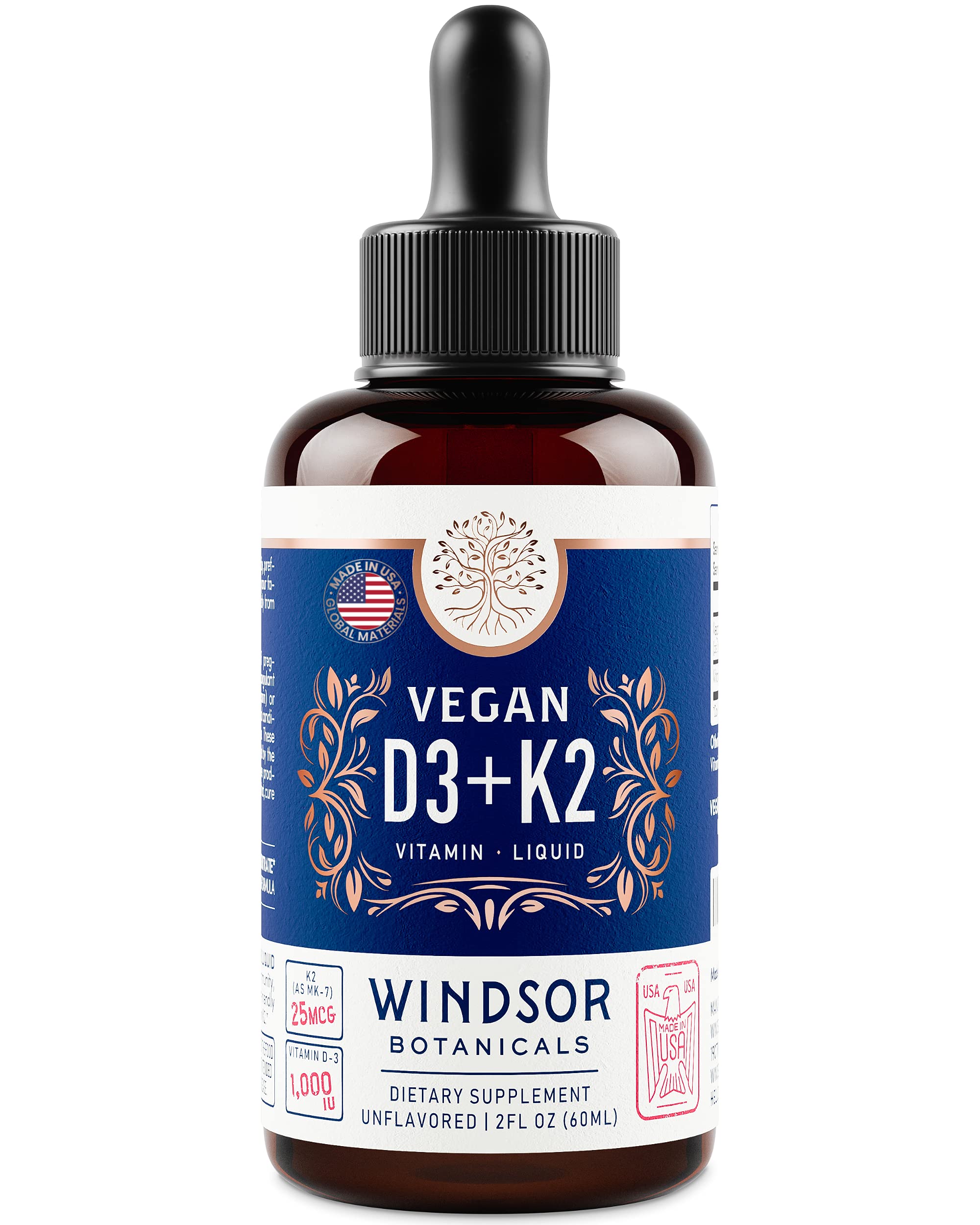 WINDSOR BOTANICALS Vitamin D3 K2 Vegan Liquid - Heart, Immune Function, and Brain Support Supplement - D3 1,000iu, K2 MK-7 25mcg Cruelty-Free Organic Olive Oil Drops - Unflavored - 90 Servings - 2oz