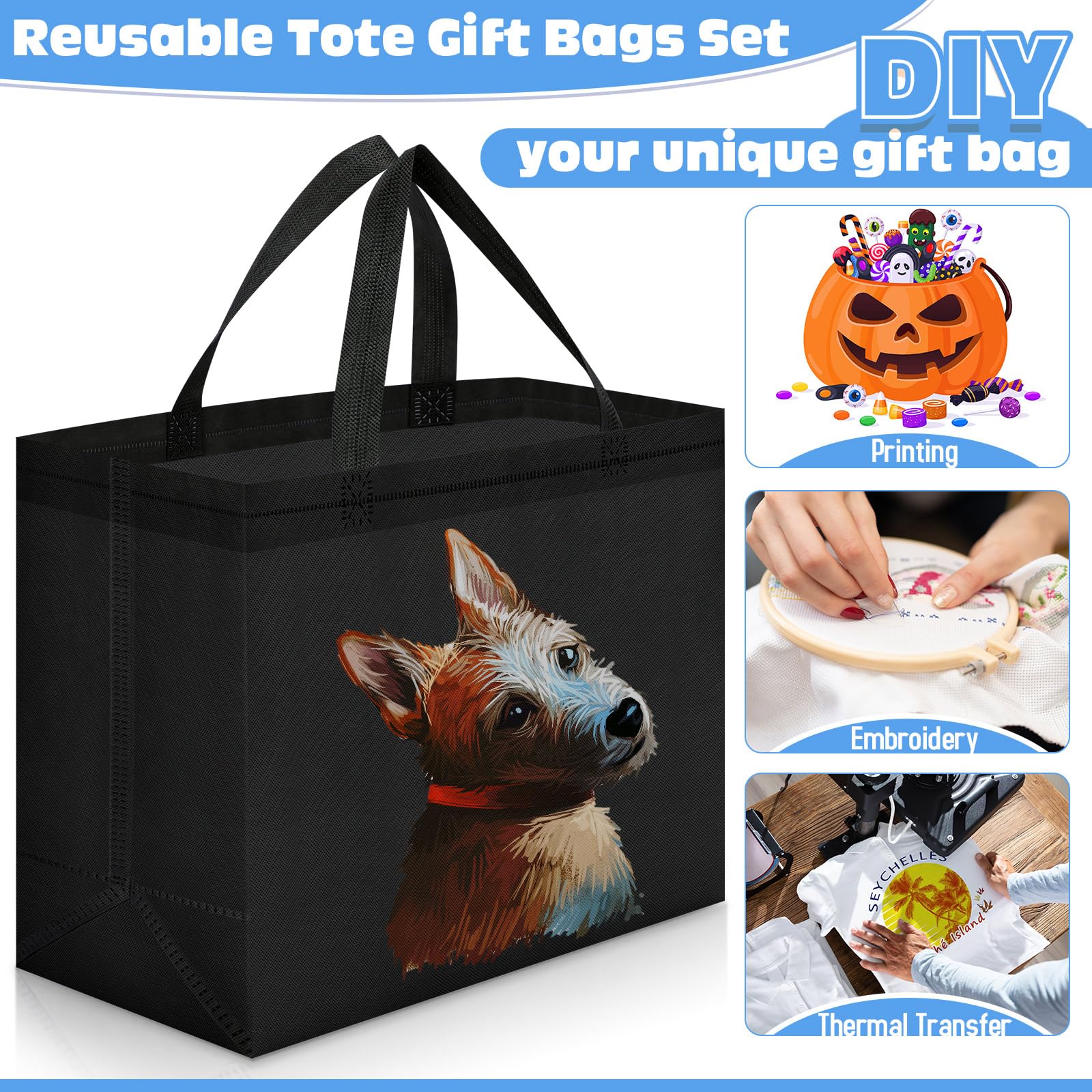 Windyun 200 Pcs Reusable Grocery Bags 12.6 x 11.8 x 6.3 Inches Large Non Woven Shopping Bags Foldable Portable Tote Bags Bulk (Black)