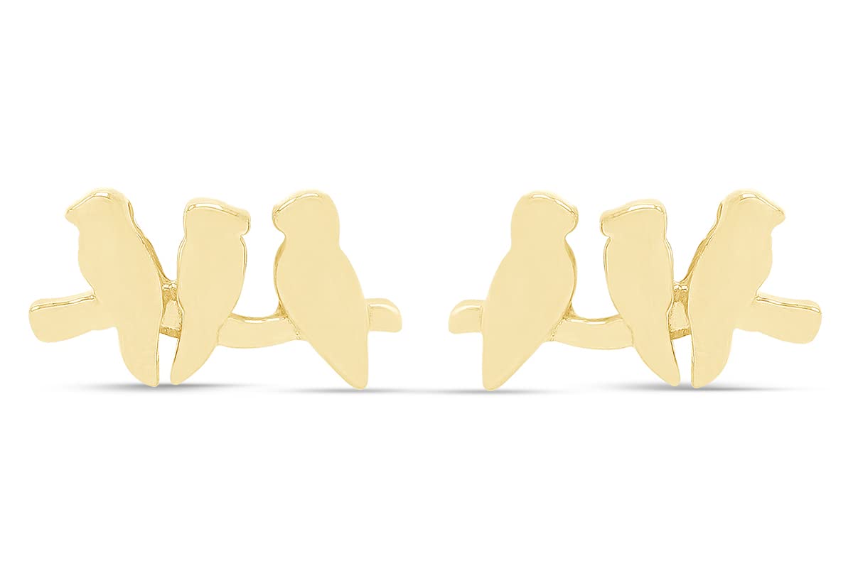 Tiny Lovely Three Birds Line Post Stud Earrings Jewelry For Women in 14k Gold Over Sterling Silver With Push Back (yellow-gold-plated-silver)