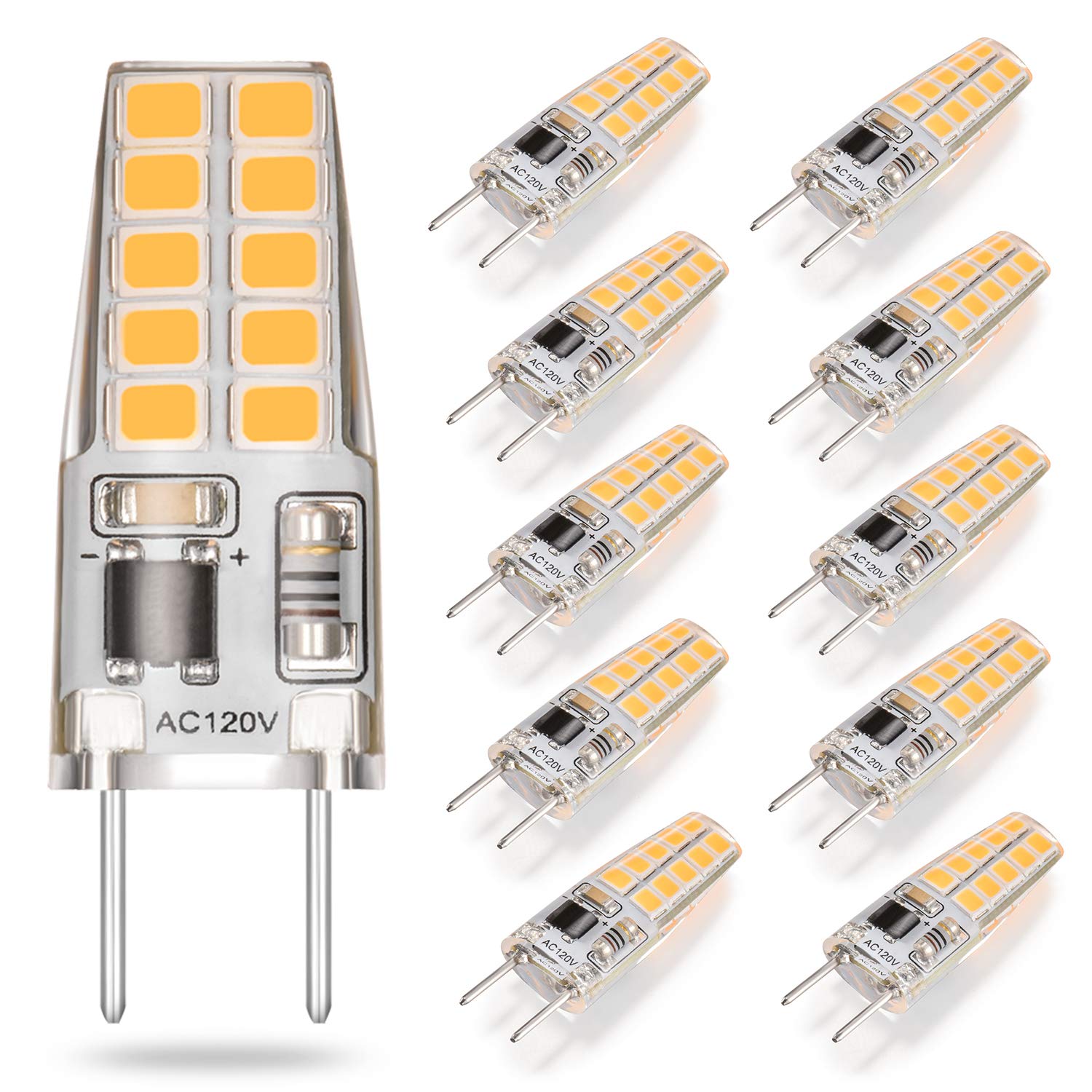 YUIIP G8 LED Bulb Dimmable 2W Equivalent to 10W 20W Halogen Bulbs, Warm White 3000K AC 120V T4 Bi-Pin G8 Base LED Light for Puck Light, Under Cabinet Light, Under Counter Light, 10 Pack