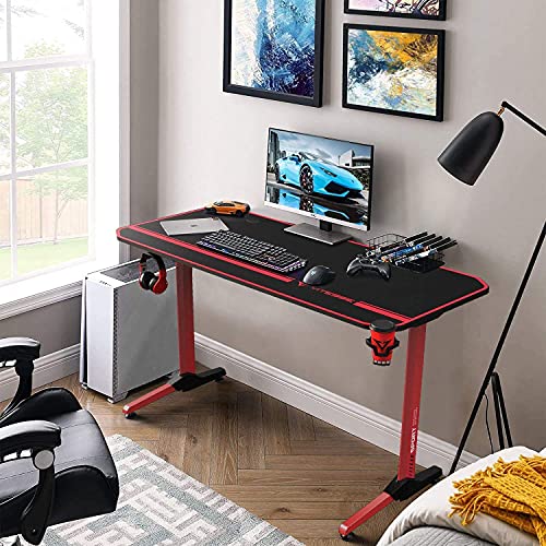 VITESSE Ergonomic Gaming Desk 55 Inch, T Shaped Office PC Computer Desk with Desk Mouse Pad, Gamer Tables with Gaming Handle Rack, Cup Holder Headphone Hook