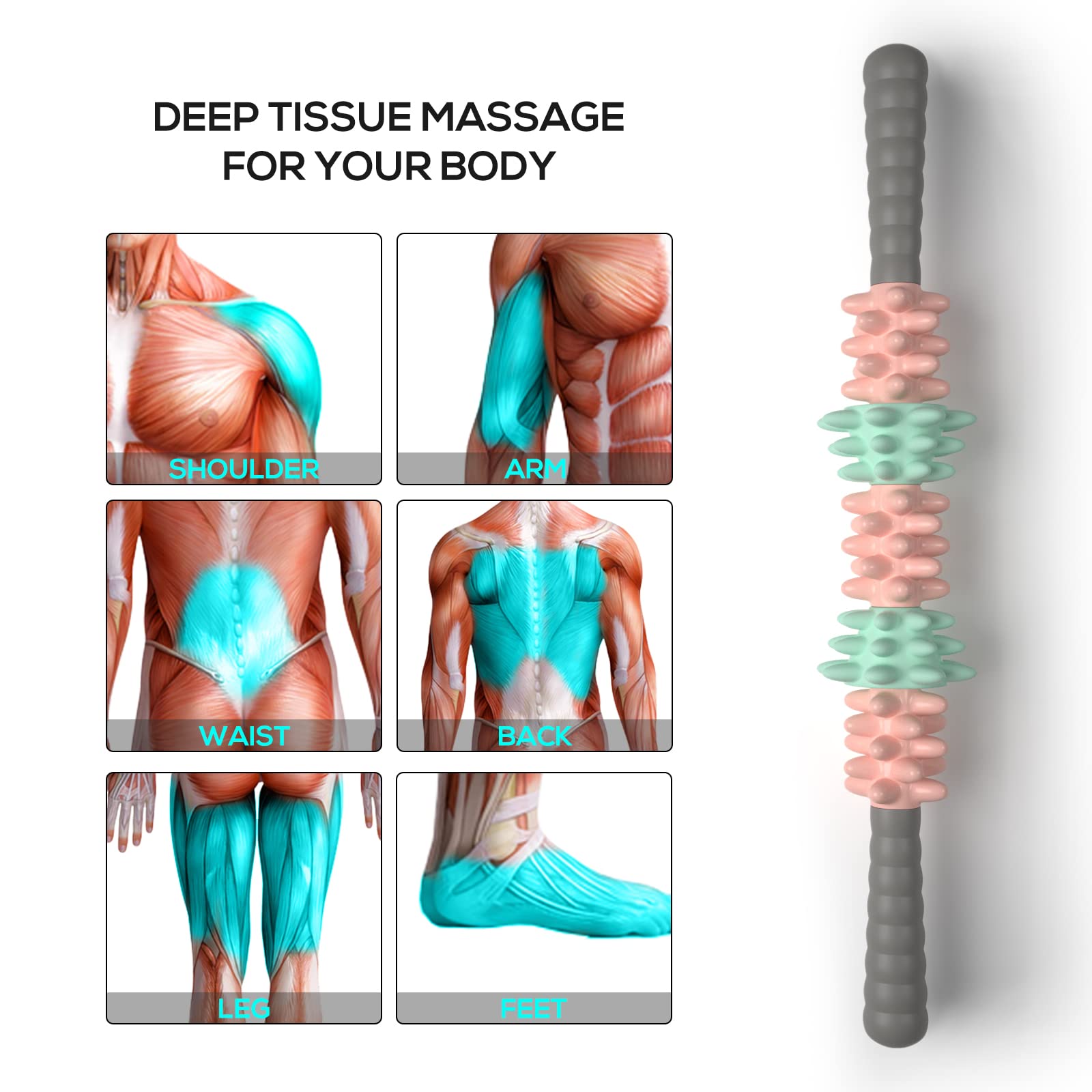 YINHANG Massage Roller Stick Removable Muscle Massager for Back Body Leg Relax, Trigger Point Massage Stick for Physical Therapy, Reducing Soreness & Tightness