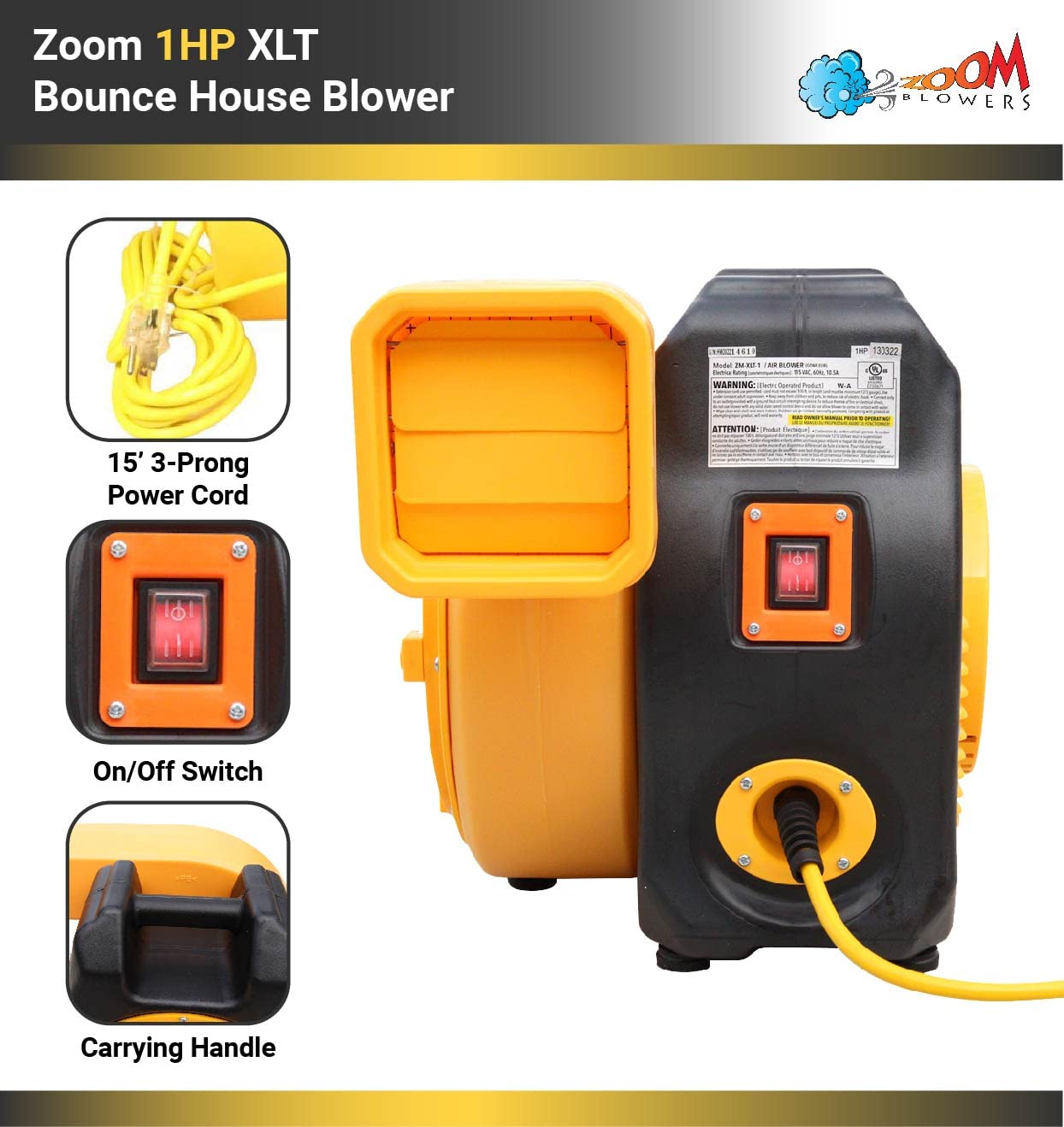 Zoom Blowers XLT 1hp Inflatable Bounce House Blower Fan, Energy Efficient, Commercial Electric Low Amp Draw Air Blower for Inflatables, Water Slide, Bouncy House, or Obstacle Course for Kids