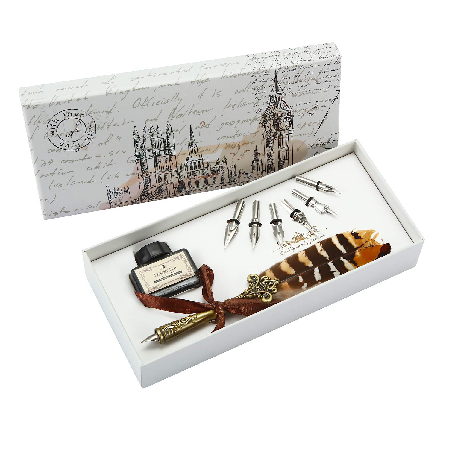 Vintage Feather Pens Calligraphy Set Quill Ink Pen Natural Handcrafted Dip Pen with11pcs Extra Pen Metal Nibs Writing Pen Gift Set