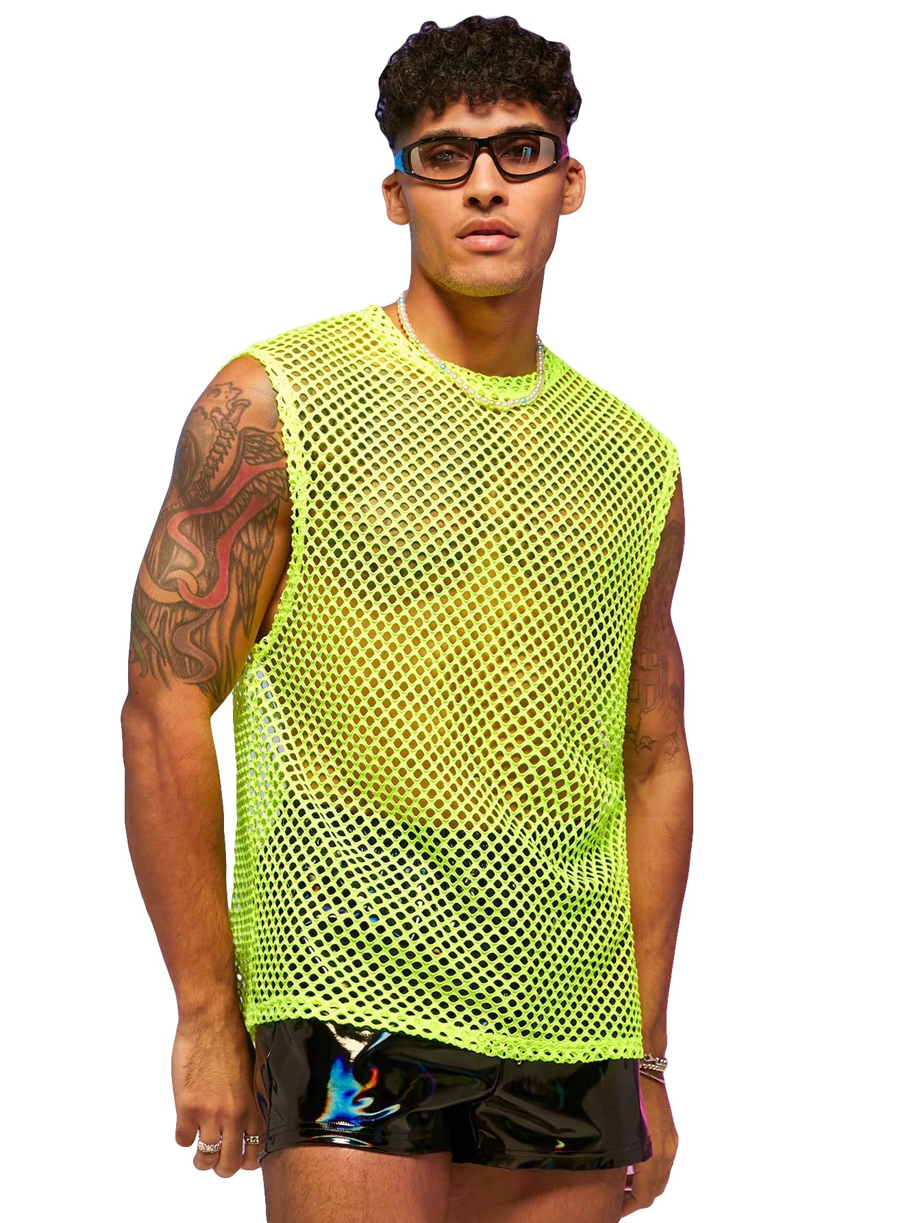 WDIRARA Men's Fishnet Mesh See Through Tank Top Sheer Sleeveless Round Neck Casual Tops Yellow M