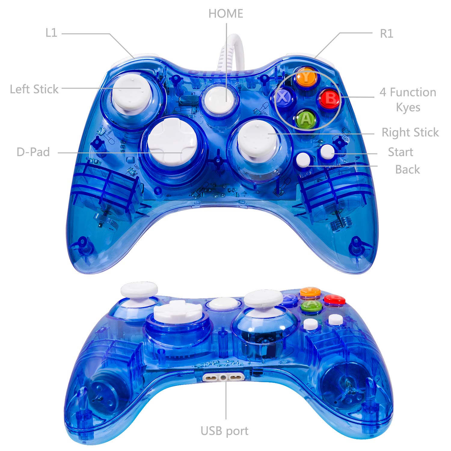 PRO GAMING 6 FT. LONG Wired Controller for Xbox 360,Xbox 360 Controller USB Gamepad PC Wired Joypad for Microsoft Xbox 360/Xbox 360 Slim/Windows 7 8 10 Game - GLOW BLUE