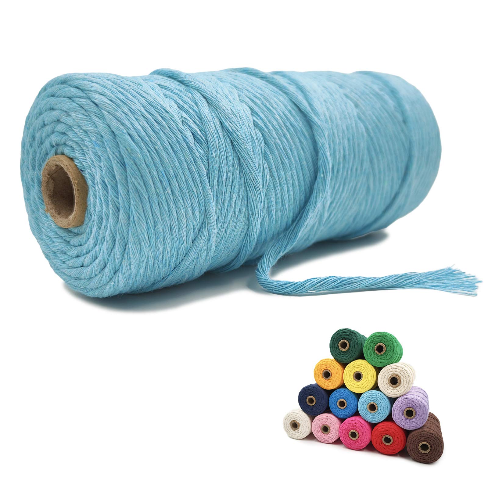 Wool Queen 3mm 109 yd Single Stand Twisted Macreme Cord Cotton Rope for DIY Crafts, Wall Hangings, Plant Hangers, Gift Wrapping and Wedding Decorations-Sky Blue