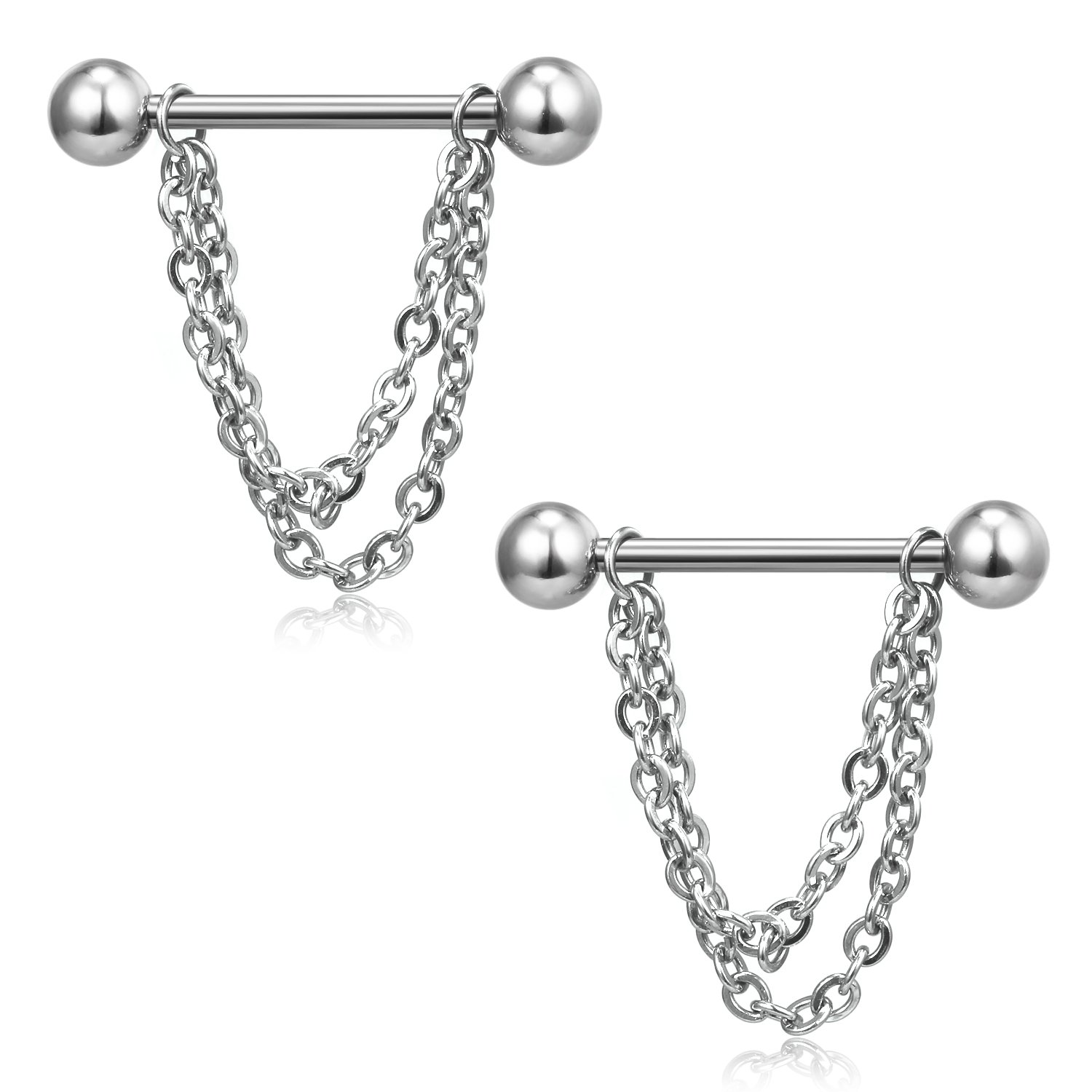 Ruifan Surgical Steel Chain Dangle Nipple Shield Rings Barbell Piercing Jewelry 14G 5/8Inch 2PCS - Silver w Balls