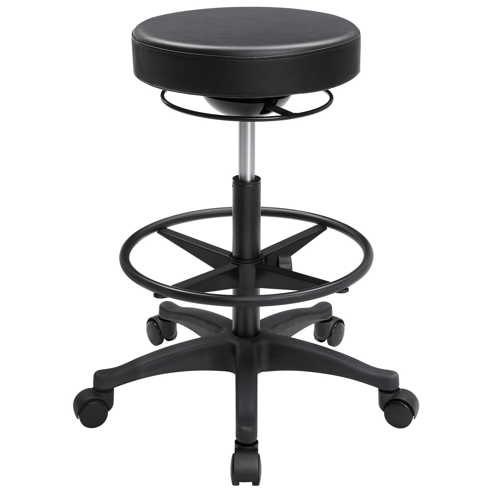 SONGMICS Office Stool Chair, Rolling Standing Stool, Ergonomic Wobble Stool with Adjustable Footrest, Swivel Adjustable Drafting Stool, 23.4-31.9 Inches, Black UOSC007B01