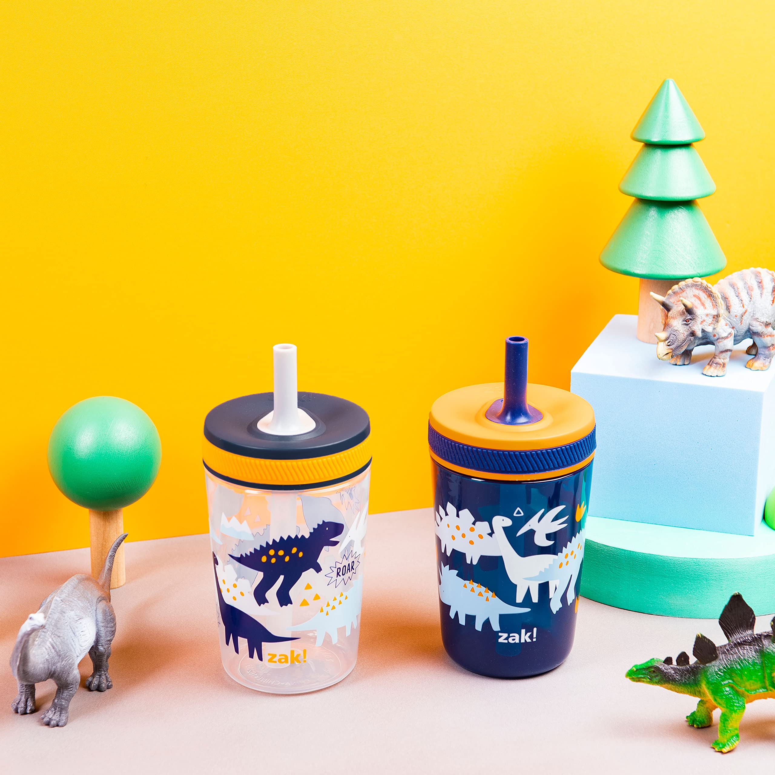 Zak Designs Kelso Toddler Cups For Travel or At Home, 15oz 2-Pack Durable Plastic Sippy Cups With Leak-Proof Design is Perfect For Kids (DinoRoar, Zaksaurus)