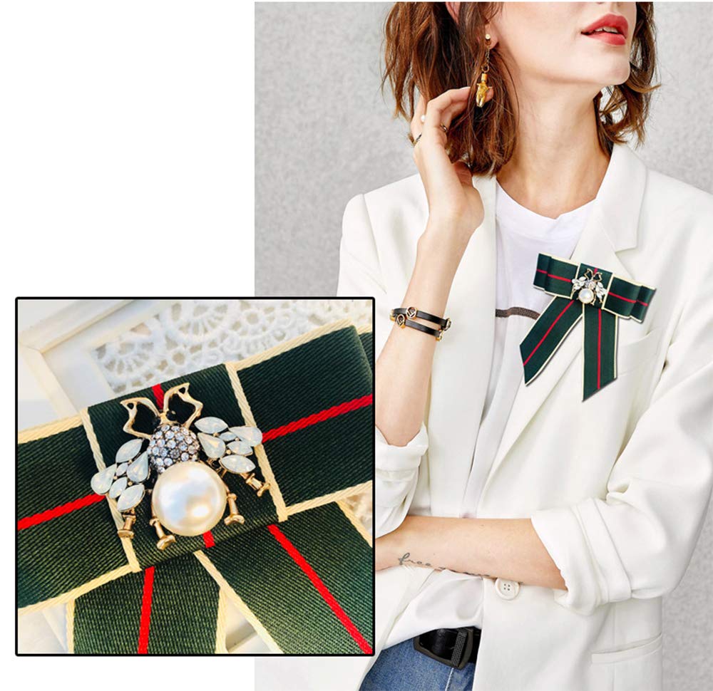 Vpang Crystal Bee Bow Brooch Pre-Tied Neck Tie Brooch Pin Striped Bow Tie for Women Wedding Party Bow Tie (Green)