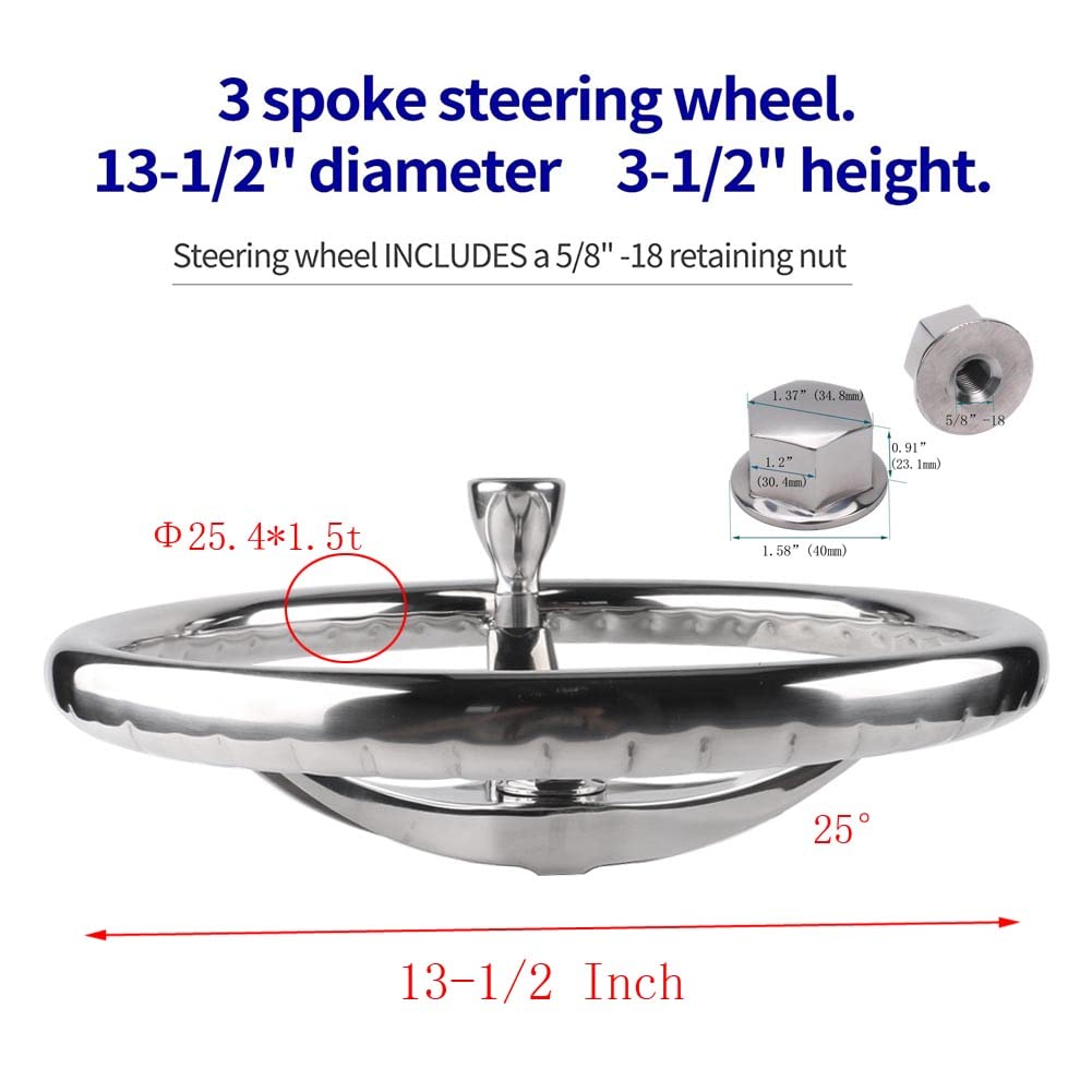 Stainless Steel Boat Steering Wheel 3 Spoke 13-1/2" Dia, with 5/8" -18 Nut and Turning Knob for Seastar and Verado