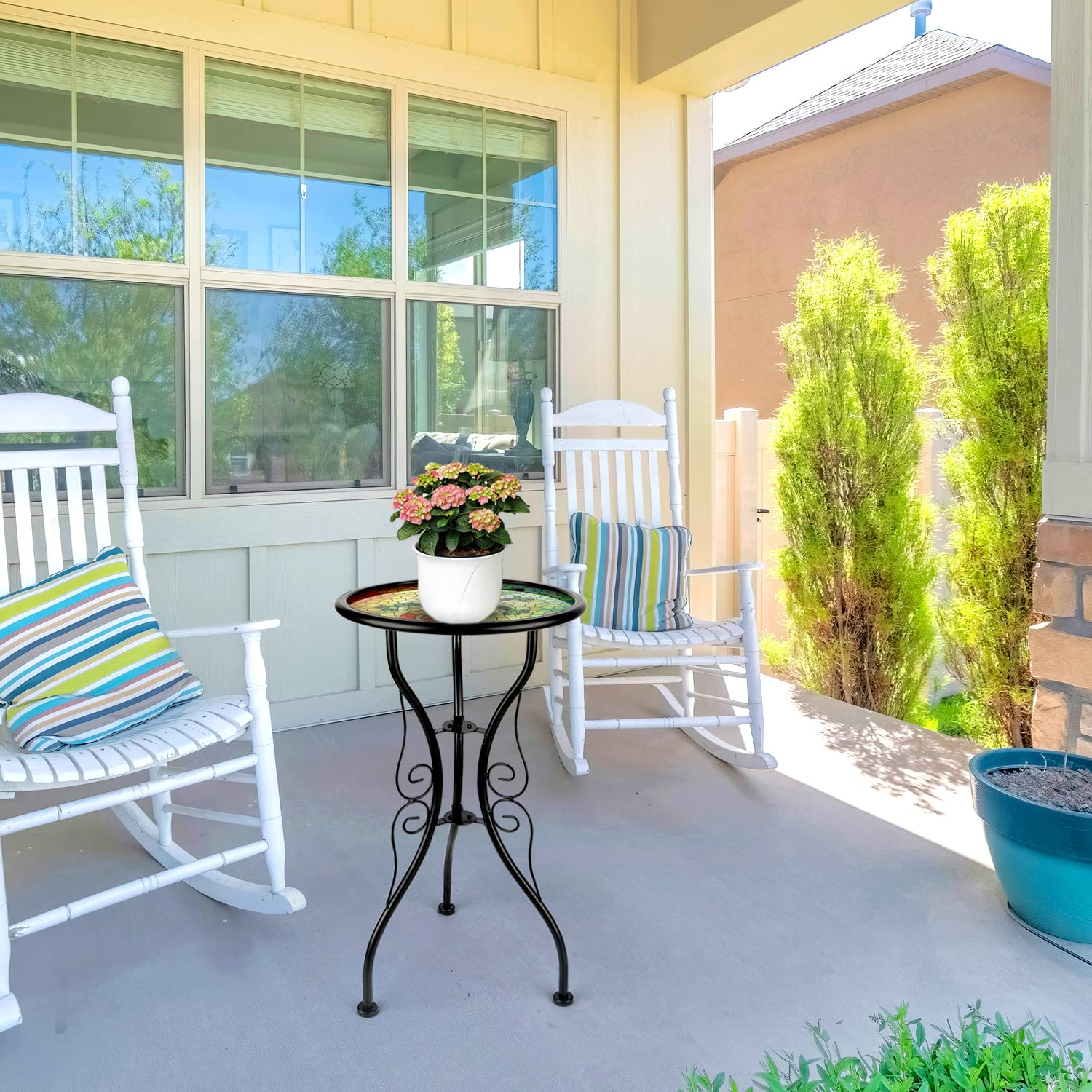 YardsBee Mosaic Patio Side Table,Small Outdoor Side Table for Patio,Plant Stand Table with 12”Ceramic Tile Top, Accent Round Side Table Outside for Yard,Balcony Garden,Balcony