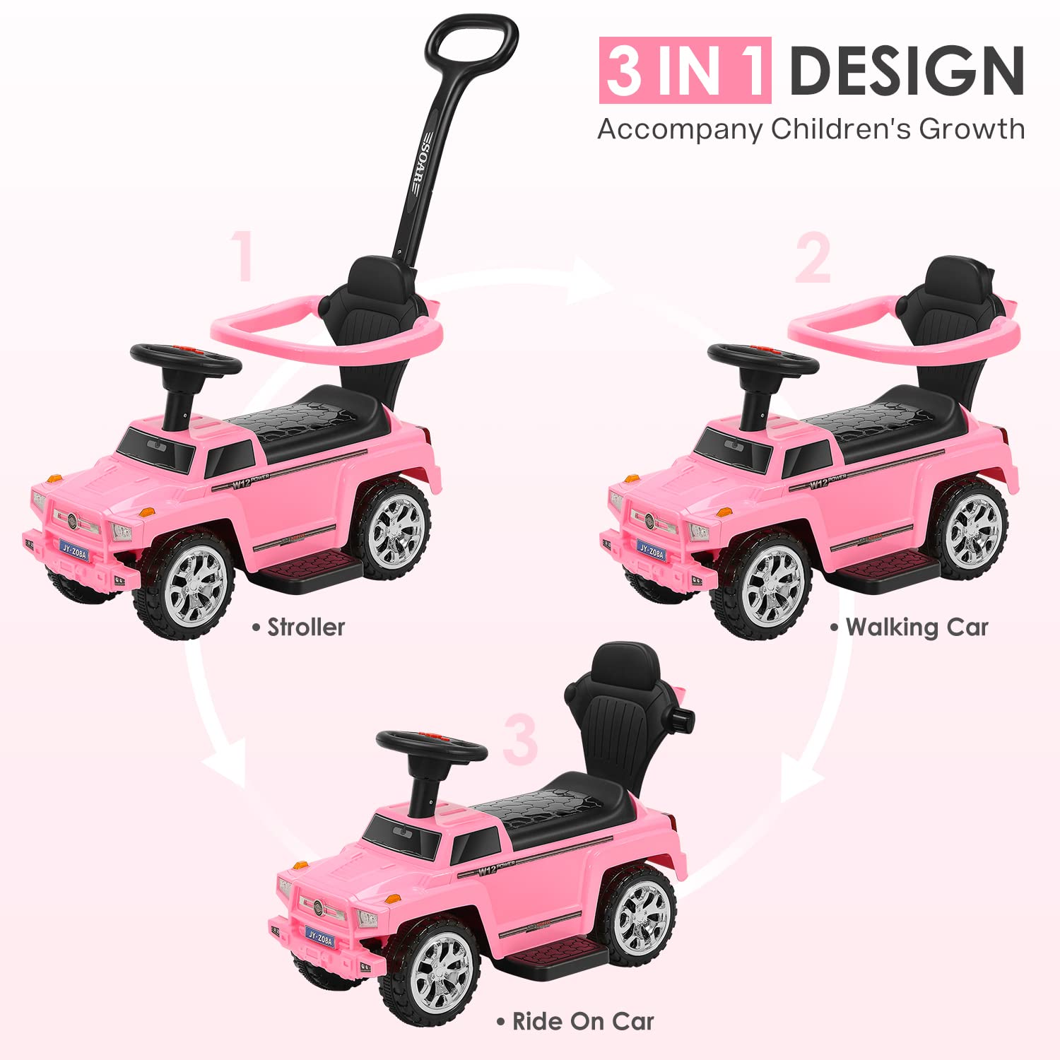 SOAR Toddler Push Car Pushing Car Ride On Toy with Cup Holder Sun Canopy Pink