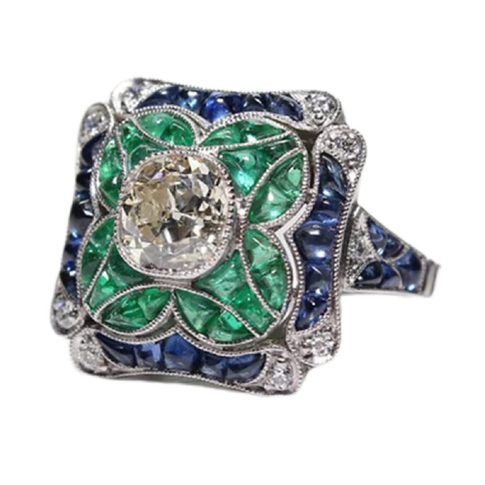 Yuren 925 Sterling Silver Vintage Emerald Ring Blue Sapphire White Topaz Ring Women Wedding Fashion Jewelry Size 6-10 (US Code 7)