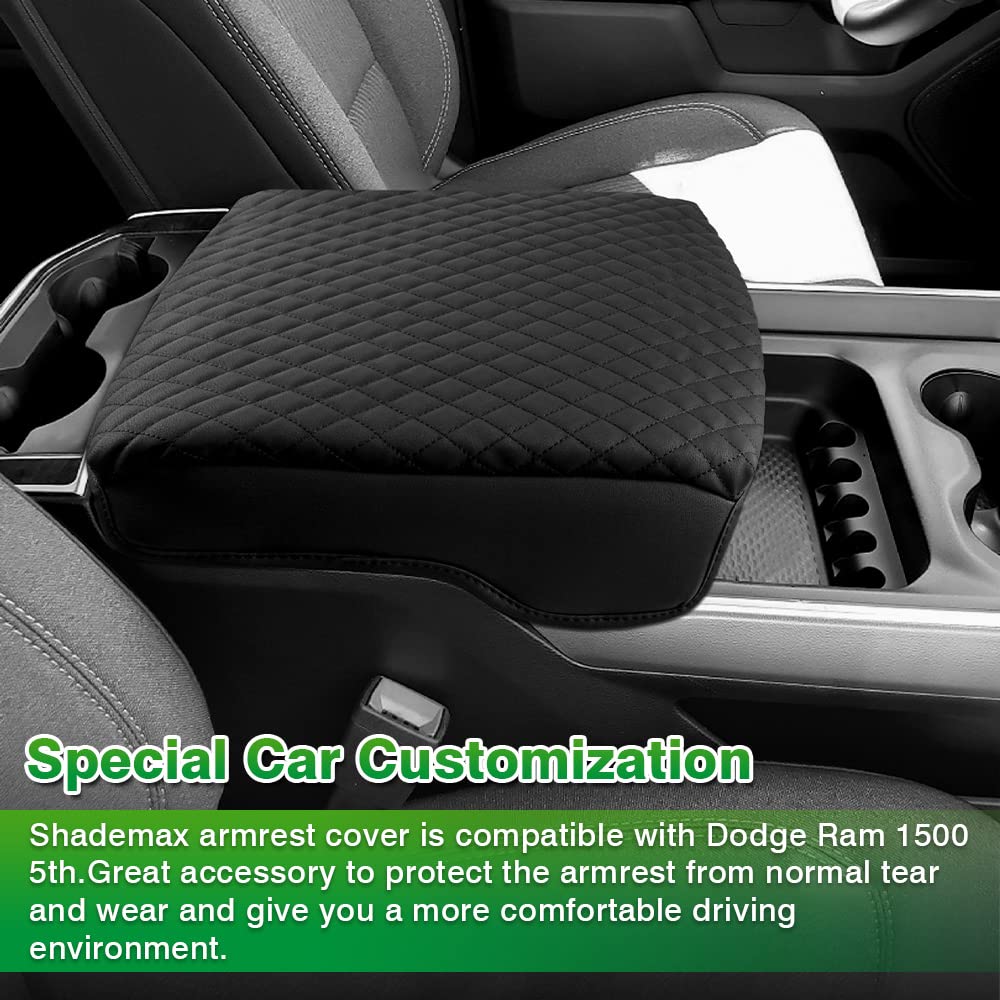 Shademax Dodge Ram 1500 Center Console Cover,Armrest Cushion Pad Cover for Dodge Ram 1500 Accessories 2019 2020 2021 2022 2023 2024, PU Leather Dodge Console Cover Anti-Scratch Black