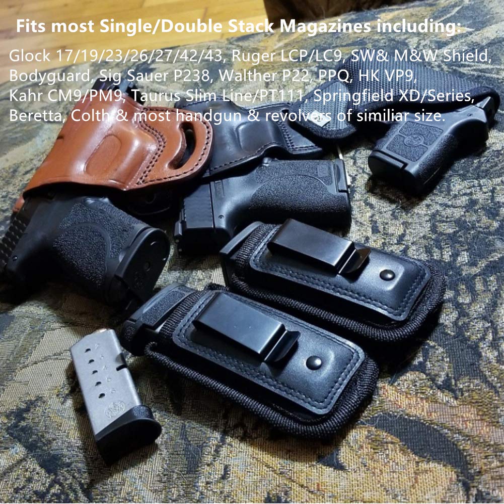 TACwolf 2 Pack IWB Inside Waistband Pistol Handgun Magazine Holster Pouch for Concealed Carry Universal Single Double Stack Mags for Glock17 26 19 Sig Sauer S&W Springfield XD Ruger 9mm/.45