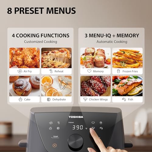 Toshiba 5.5QT Air Fryer Heat-Q Technology, Quick and Easy Meals, 8 Preset Menus and Menu-IQ Function, 1°F Precision, 90% less oil, Double-sided Handles Easy Carrying