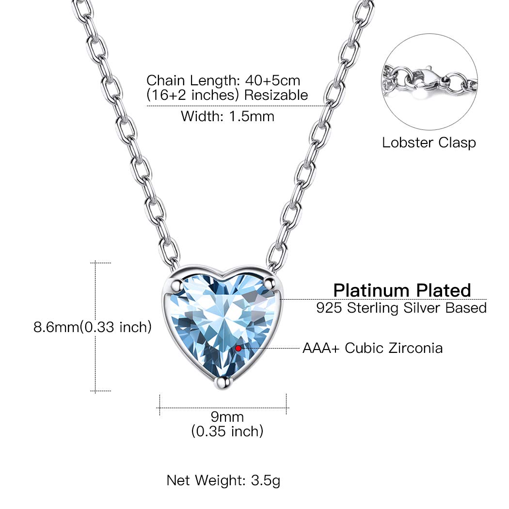 Suplight March Birthstone Necklace 925 Sterling Silver Small Blue Aquamarine Heart Necklace for Women