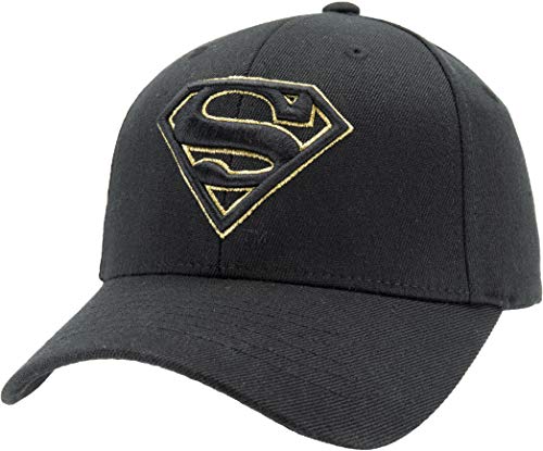 Superman Logo Flexfit Stretch-Fit Fitted Baseball Cap Hat (Medium~Large, Black/Gold Line)
