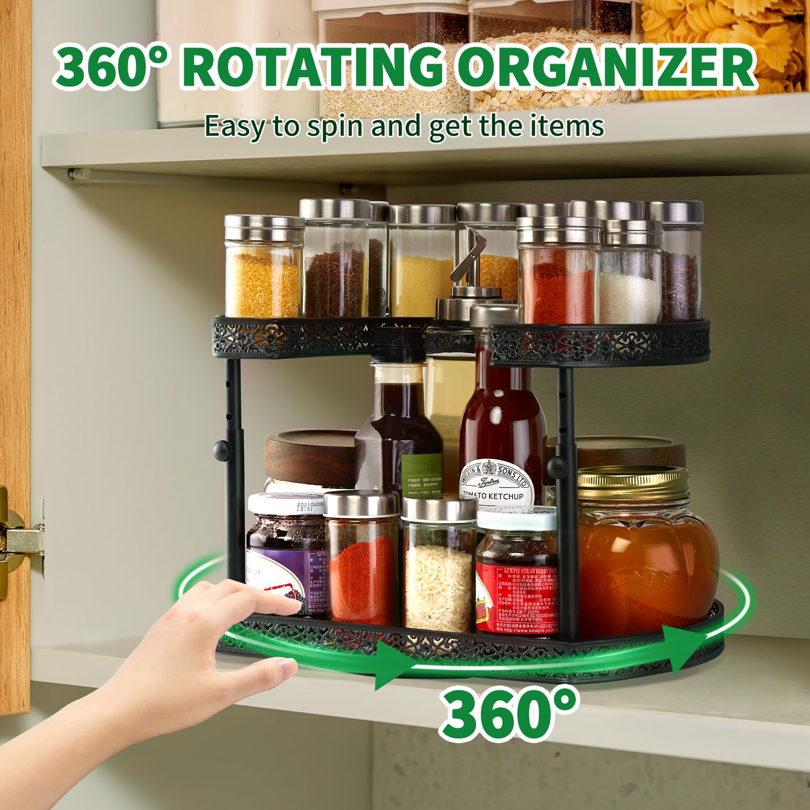 Spice Rack Lazy Susan Organizer - 2 Tier Rotating Spice Spinner for Cabinet with 4 Height Settings & Non-Slip Pad Kitchen Turntable Organization for Bathroom Pantry Countertop & Storage - Black Metal