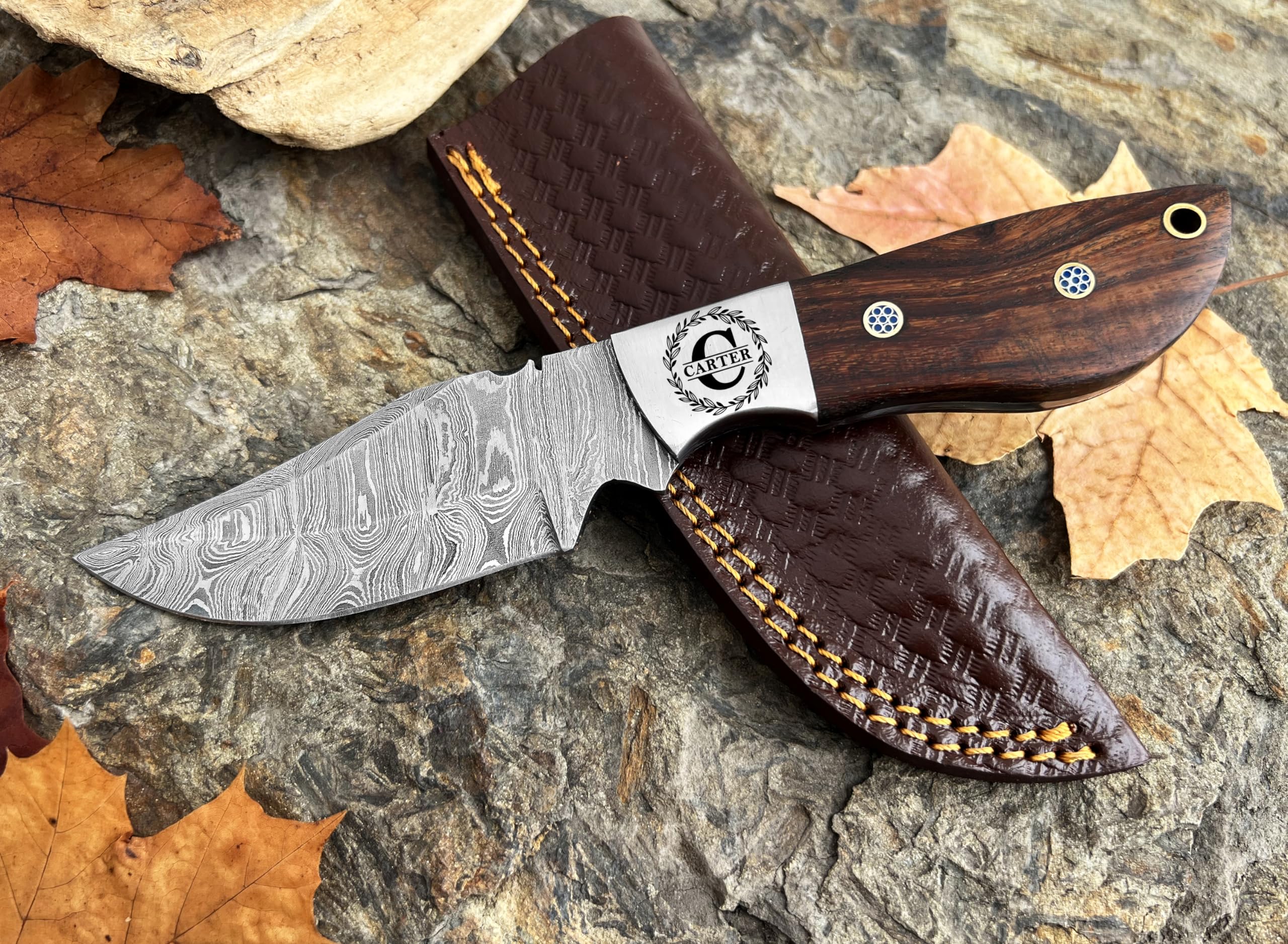 WINTERFELL Personalized Fixed Blade Damascus Hunting Knife with Sheath, Engraved Custom Gifts For Hunter, Customized Gift For Husband, Dad, Son, Unique Father's Day Gift (Brown)