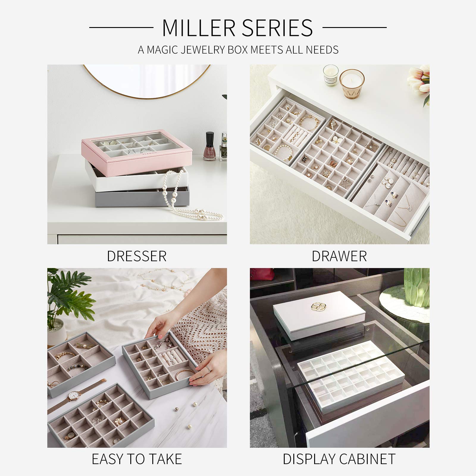 Vlando Miller Jewelry Tray-Six compartment,Multiple Color Combinations, Large Capacity Multi-Layer Design and Fashion(Pink)