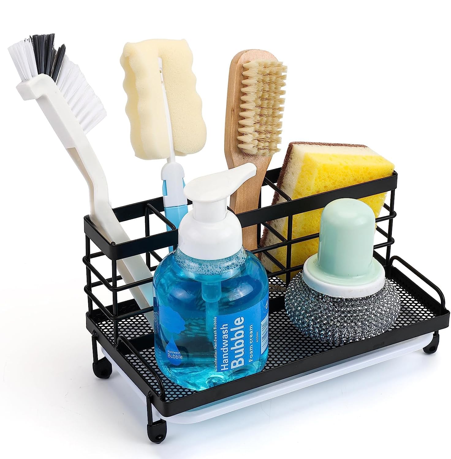 XG Glitter Sponge Holder for Kitchen Sink, Non-Slip Ktichen Sink Caddy Organizer, Bathroom Storage Organizer for Brush, Soap, Toiletries, Rustproof, Easy to Clean, Kitchen Bathroom Accessories - Black