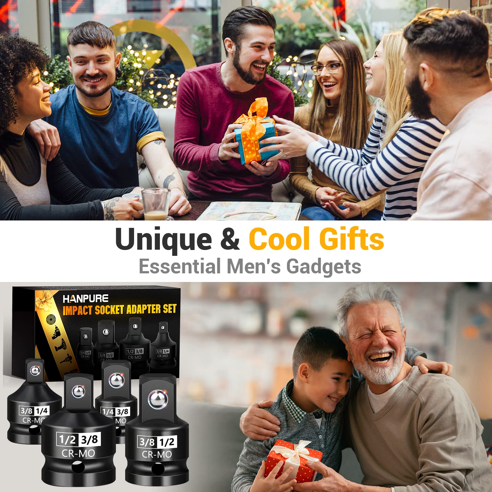 Socket Adapter Set Tools for Men - 1/4" 3/8" 1/2" Impact Adapter Father's Day Gifts from Daughter Son Wife CR-MO Drill Wrench Ratchet Drive Sockets Reducer Extension Impact Driver Bit Set Cool Gadgets