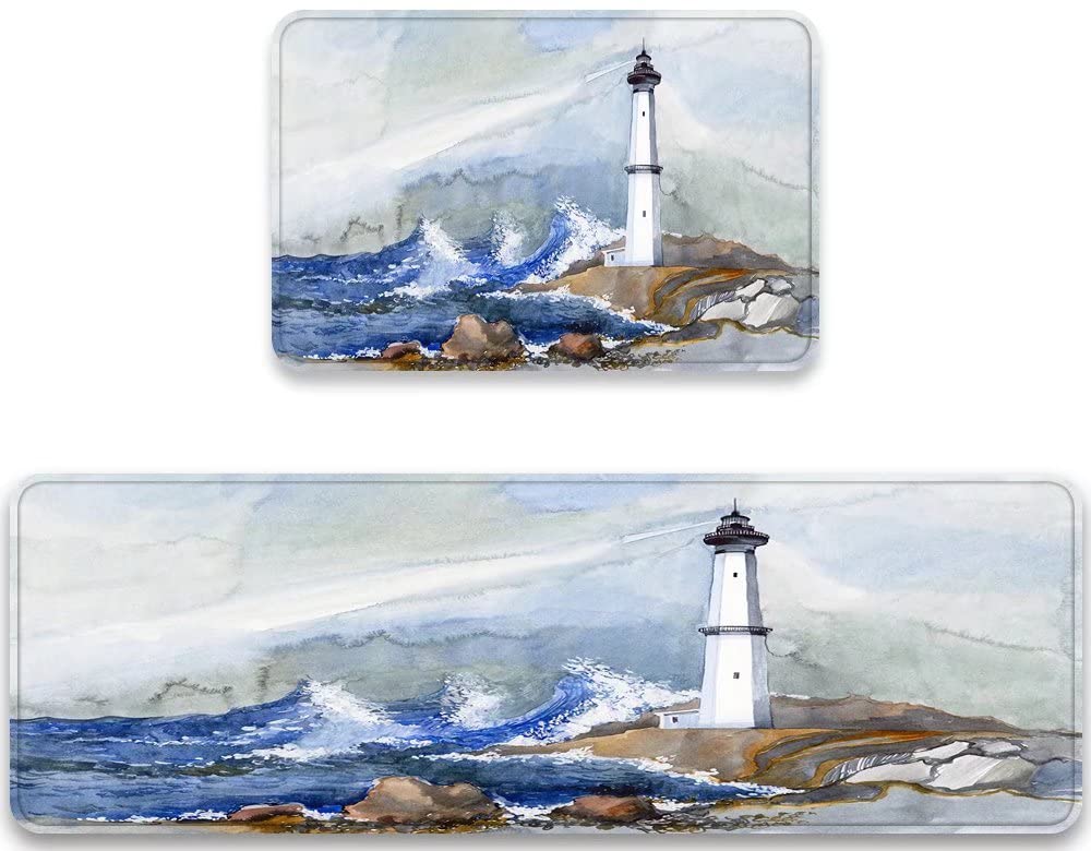 Vintage Lighthouse Kitchen Rug Set of 2 Watercolor Landscape of Lighthouse Light Up Nautical Ocean Comfort Floor Mat Anti Fatigue Non Skid Washable Doormat Bath Runner Rugs Bedroom Area Carpet
