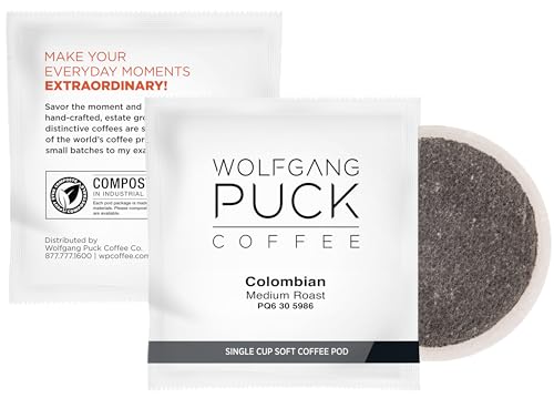 Wolfgang Puck Coffee, Colombian Organic Fair Trade, 9.5 Gram Soft Pod, 18 Count (Pack of 6)