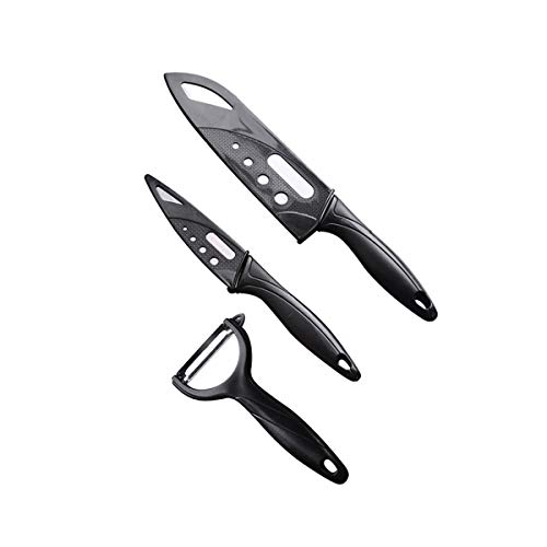 WOLFLAND 3 Pieces Kitchen Knife Set 3.5β Paring knife 7β Santoku Knife w/Protective Covers and Peeler Stainless Steel blade and Ergonomic Black Handle