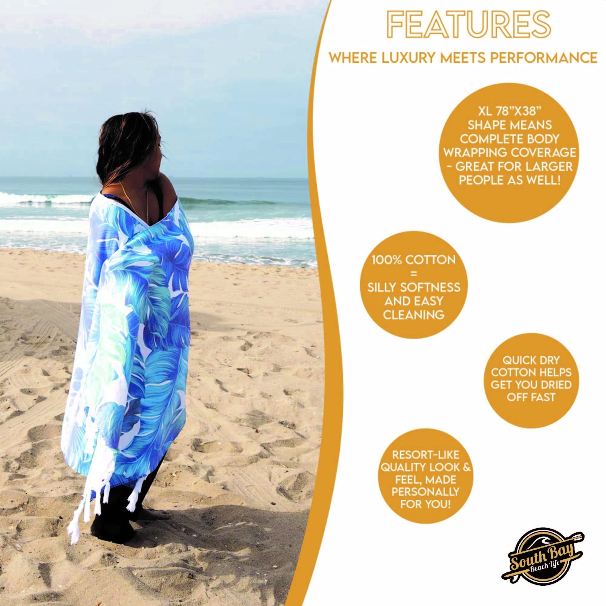 South Bay Beach Life™ - Plush, Oversized Beach Towel for Adults - Custom, XL, Personal Cotton Towels with Boho-Style Tassels - 78" Long x 38" Wide