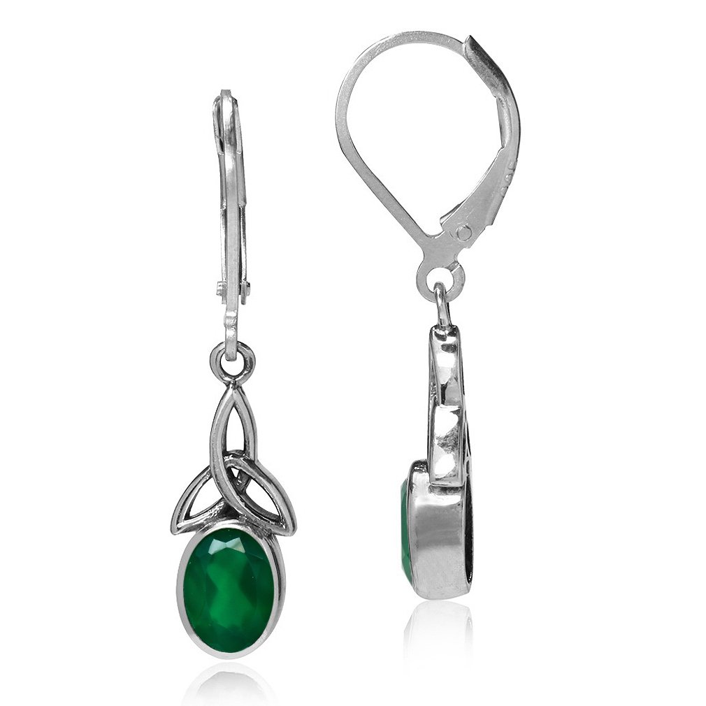 Silvershake 1.44ct. Natural Emerald Green Agate 925 Sterling Silver Triquetra Celtic Knot Leverback Earrings