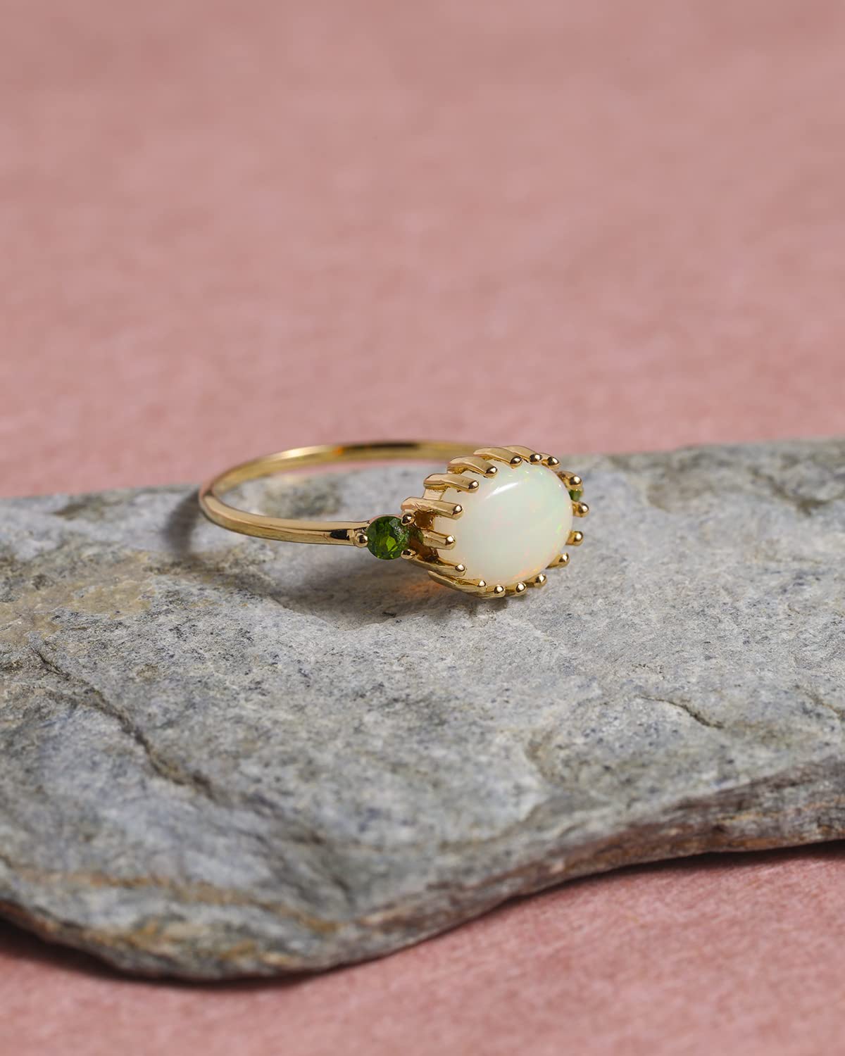 YoTreasure 1.09 Ct. Genuine Ethiopian Opal Chrome Diopside Promise Ring 14K Yellow Gold Gemstone Jewelry