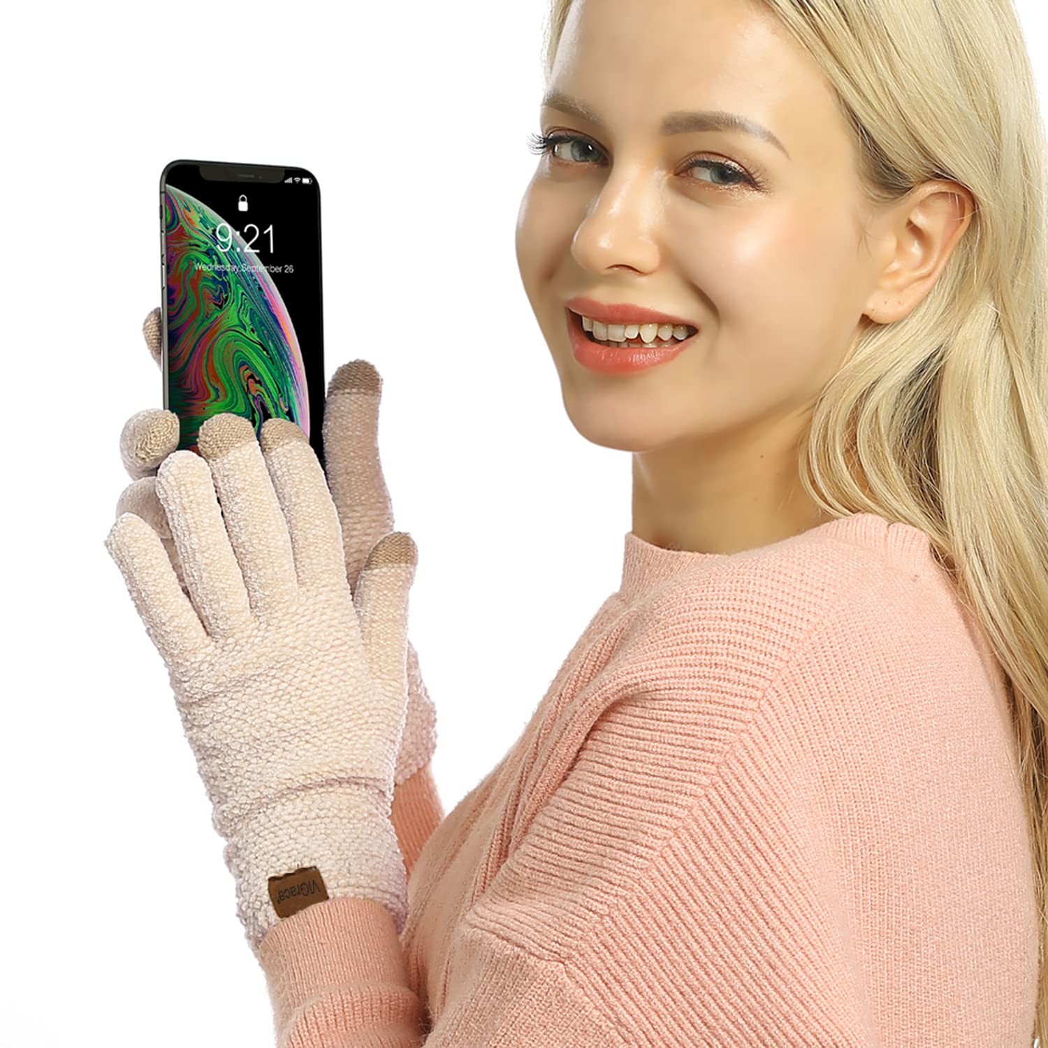 ViGrace Winter Touchscreen Gloves for Women Chenille Warm Cable Knit 3 Touch screen Fingers Texting Driving Elastic Cuff Thermal Glove (Gray,Large)