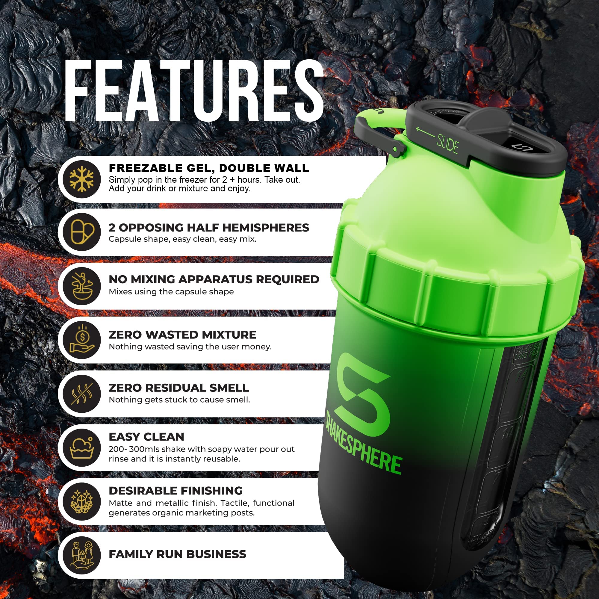 SHAKESPHERE Tumbler Cooler Shaker - Protein Shaker Bottle and Smoothie Cup, 24 oz - Bladeless Blender Cup Purees Raw Fruit with No Blending Ball β Powder Mixer for Pre Workout Gym (Ombre Green)