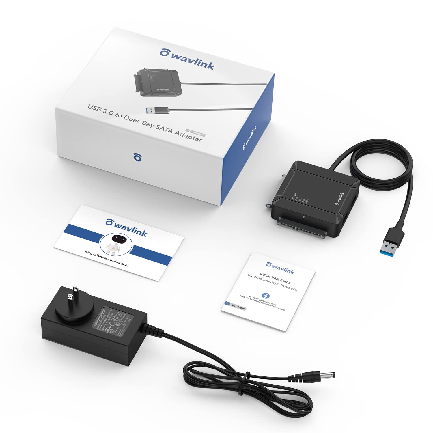 WAVLINK USB 3.0 to Dual Bay SATA Adapter, External 2.5" 3.5'' SATA Hard Drive Connector with 2 USB3.0 Ports and Offline Cloning Function for Files Transfer & Backup (2x18 TB & UASP Supported)